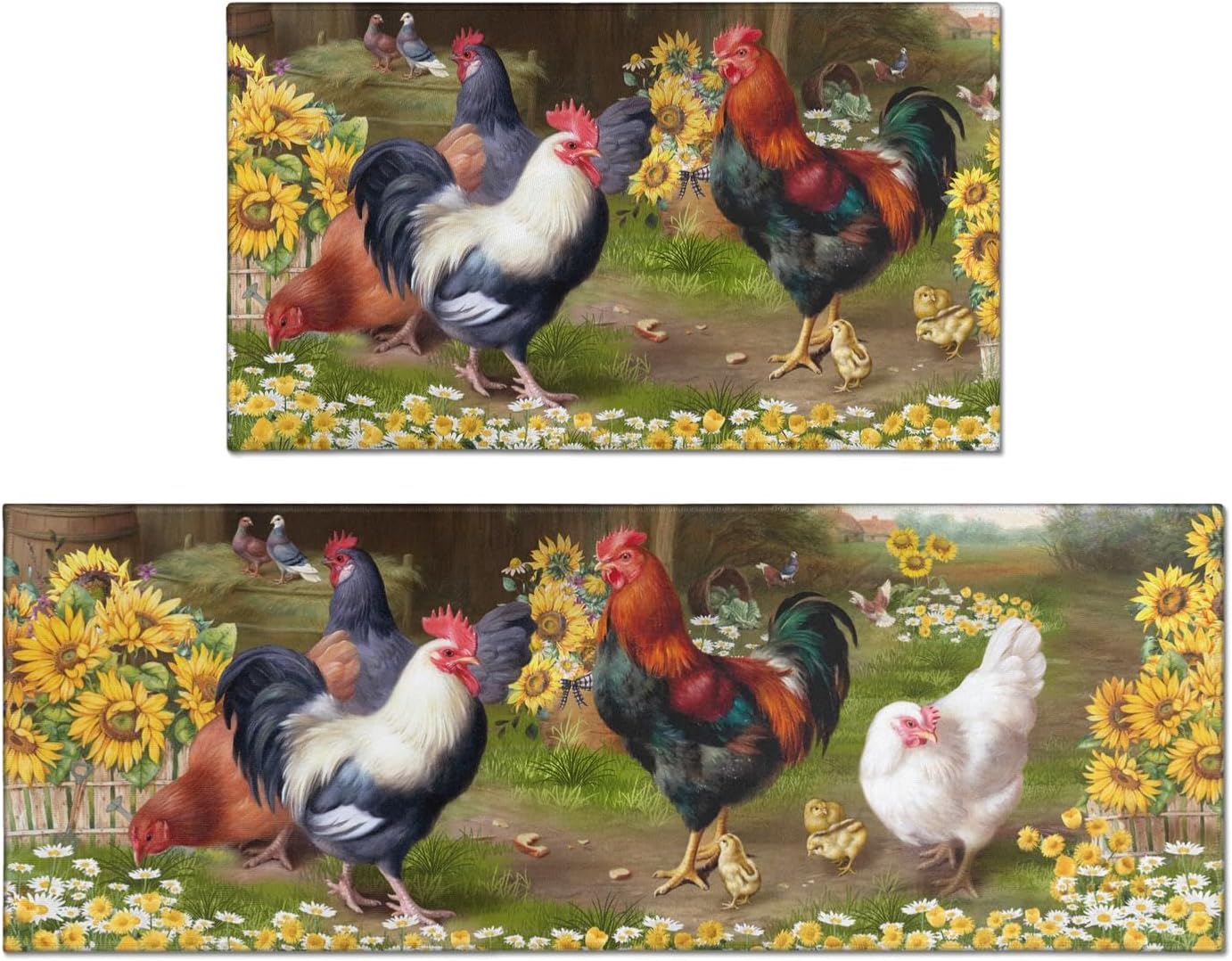Rooster Theme Kitchen Rug 2 Piece Set, Farmhouse Decor Kitchen Floor ...