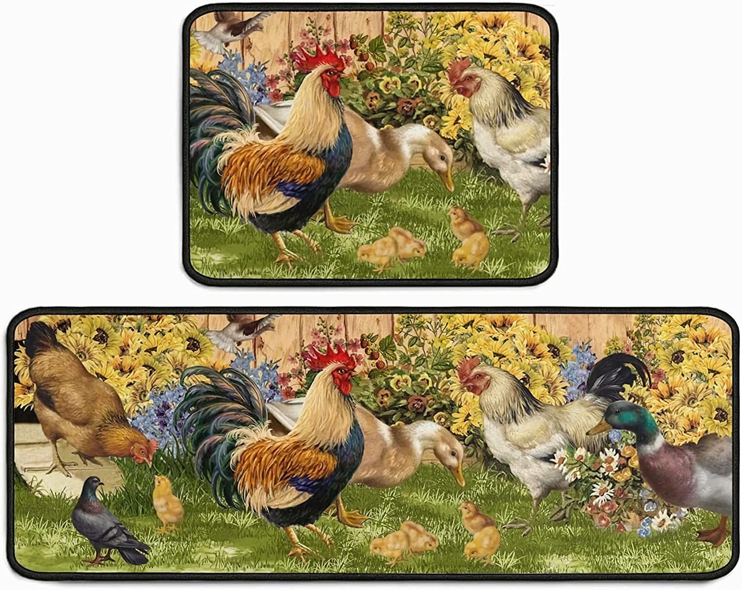 Rooster Theme Kitchen Rugs 2 Piece Set Farmhouse Decor Kitchen Floor ...