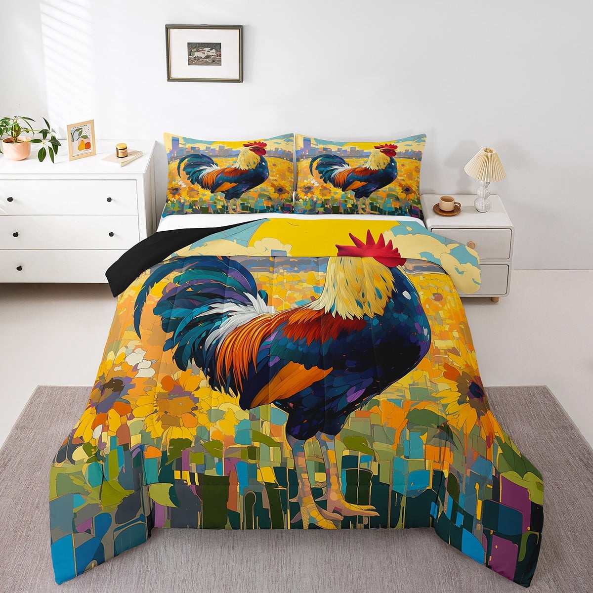 Rooster Twin Size Bedding Set,Rustic Farm Chicken Quilt For Kids Boys ...