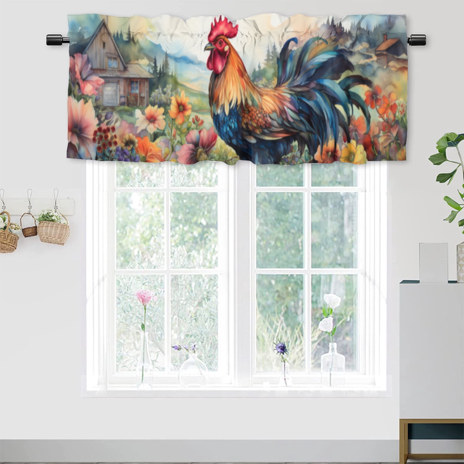 Rooster Valance Curtain for Kitchen Western Farm Watercolor Sunflower ...