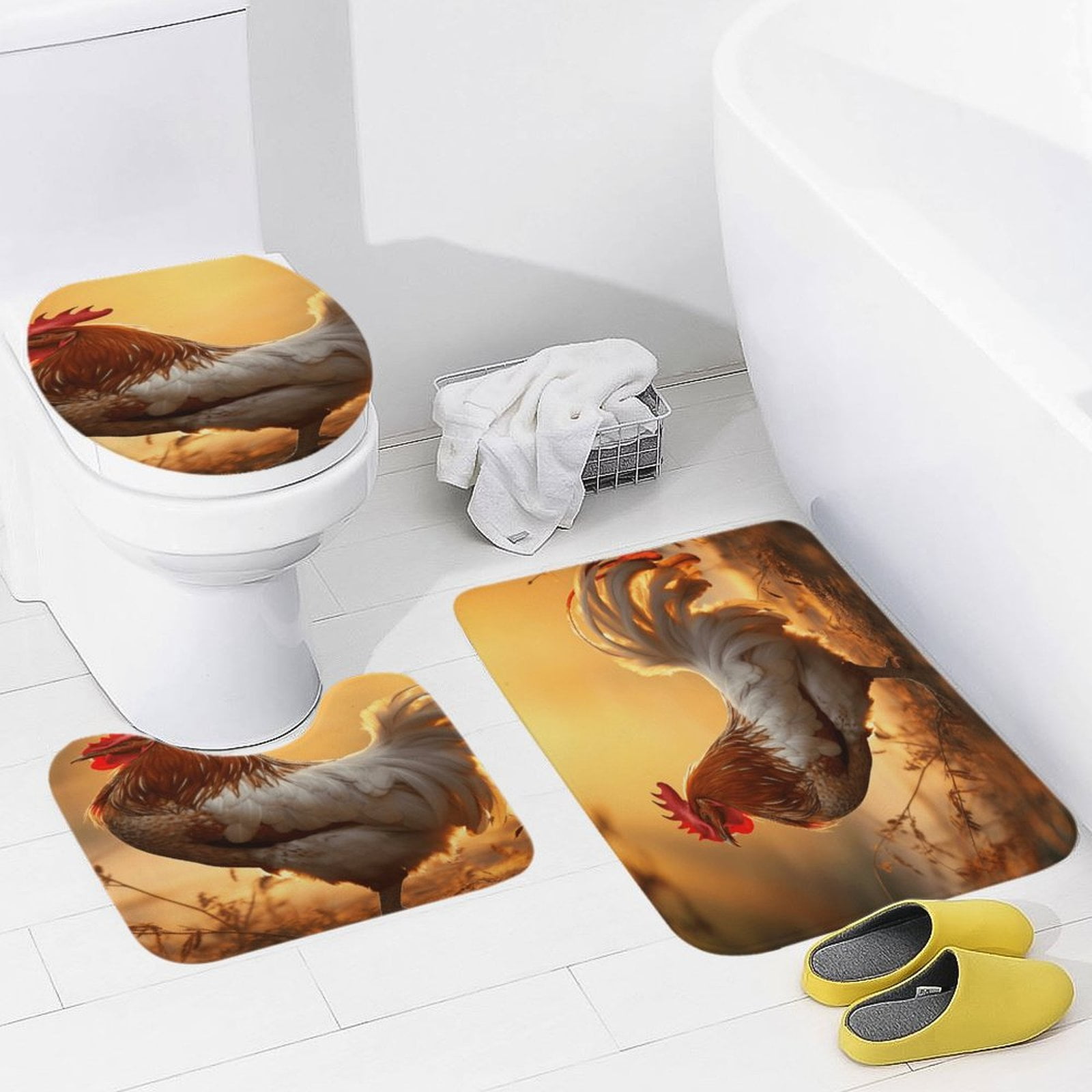 Rooster Vintage Barn Colorful Flowers Bathroom Mats Set 3-piece Bath ...
