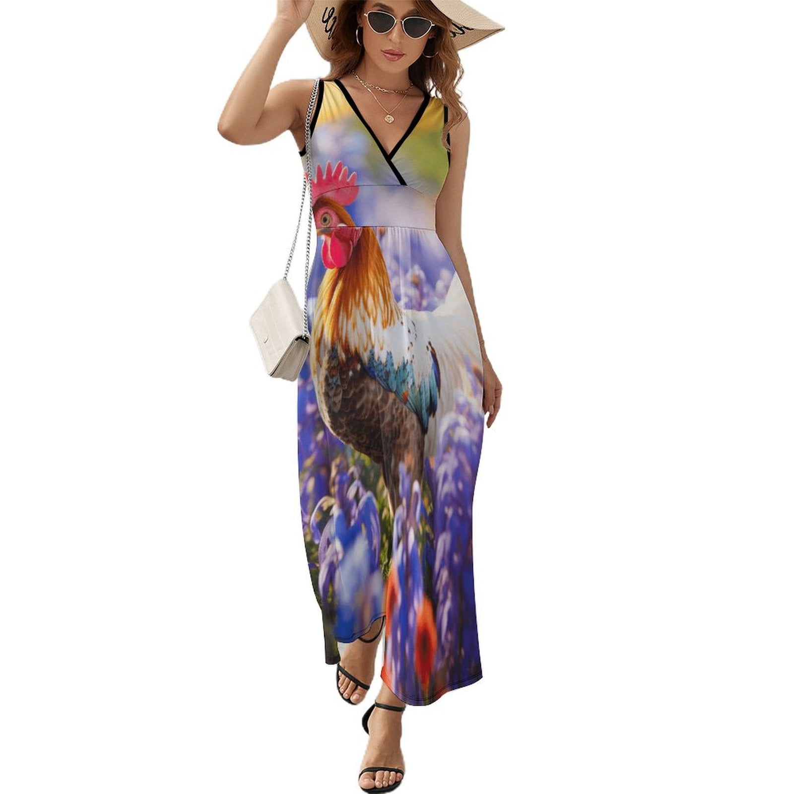 Rooster Vintage Barn Colorful Flowers Sleeveless Dress Female Clothing ...