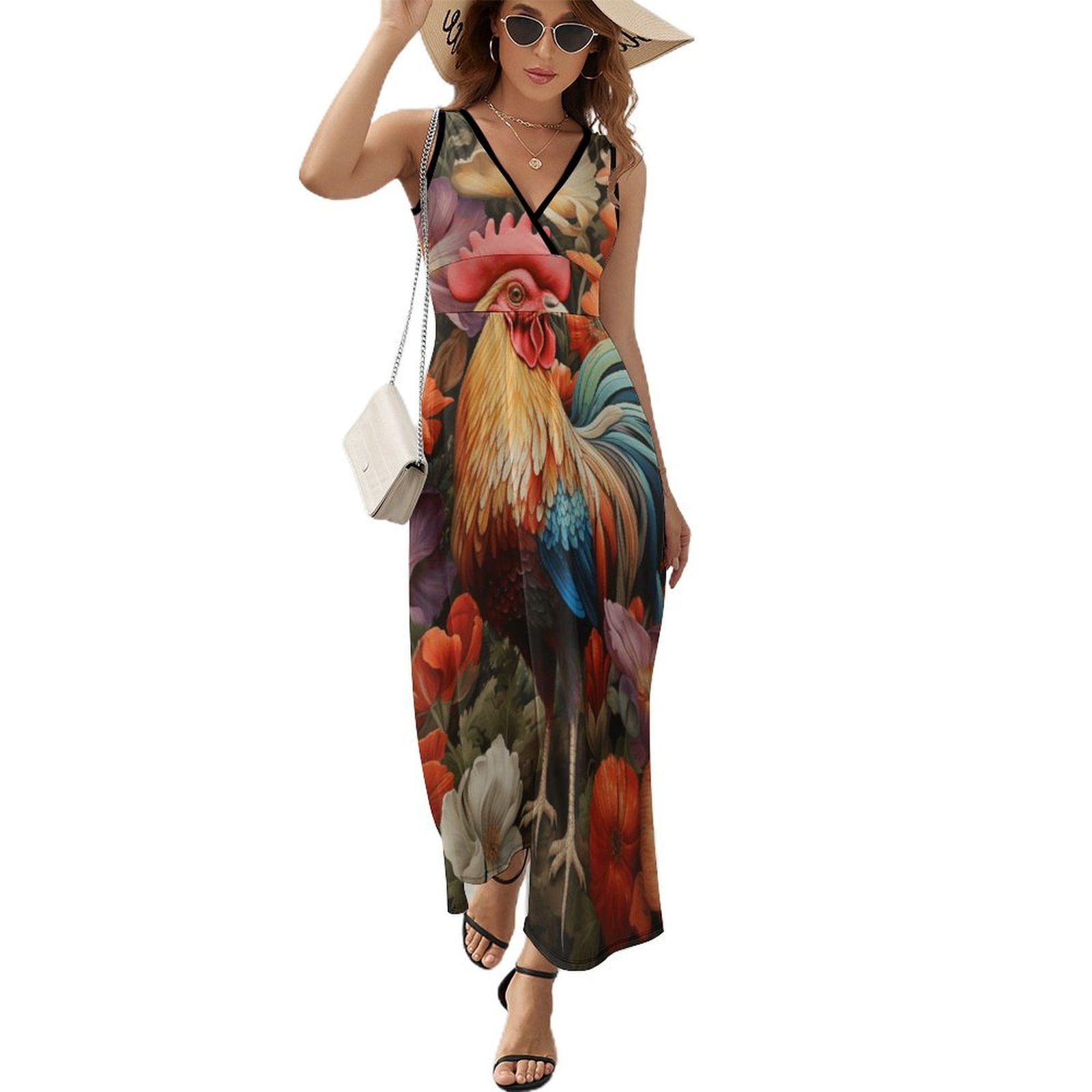 Rooster Vintage Barn Colorful Flowers Sleeveless Dress Female Clothing ...