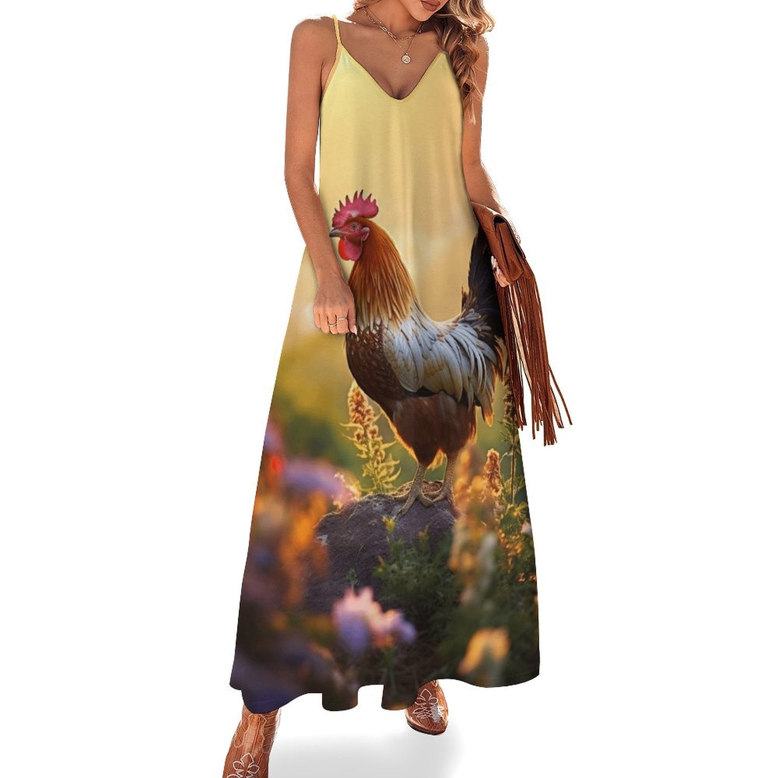 Rooster Vintage Barn Colorful Flowers Sleeveless Dress Woman Fashion ...