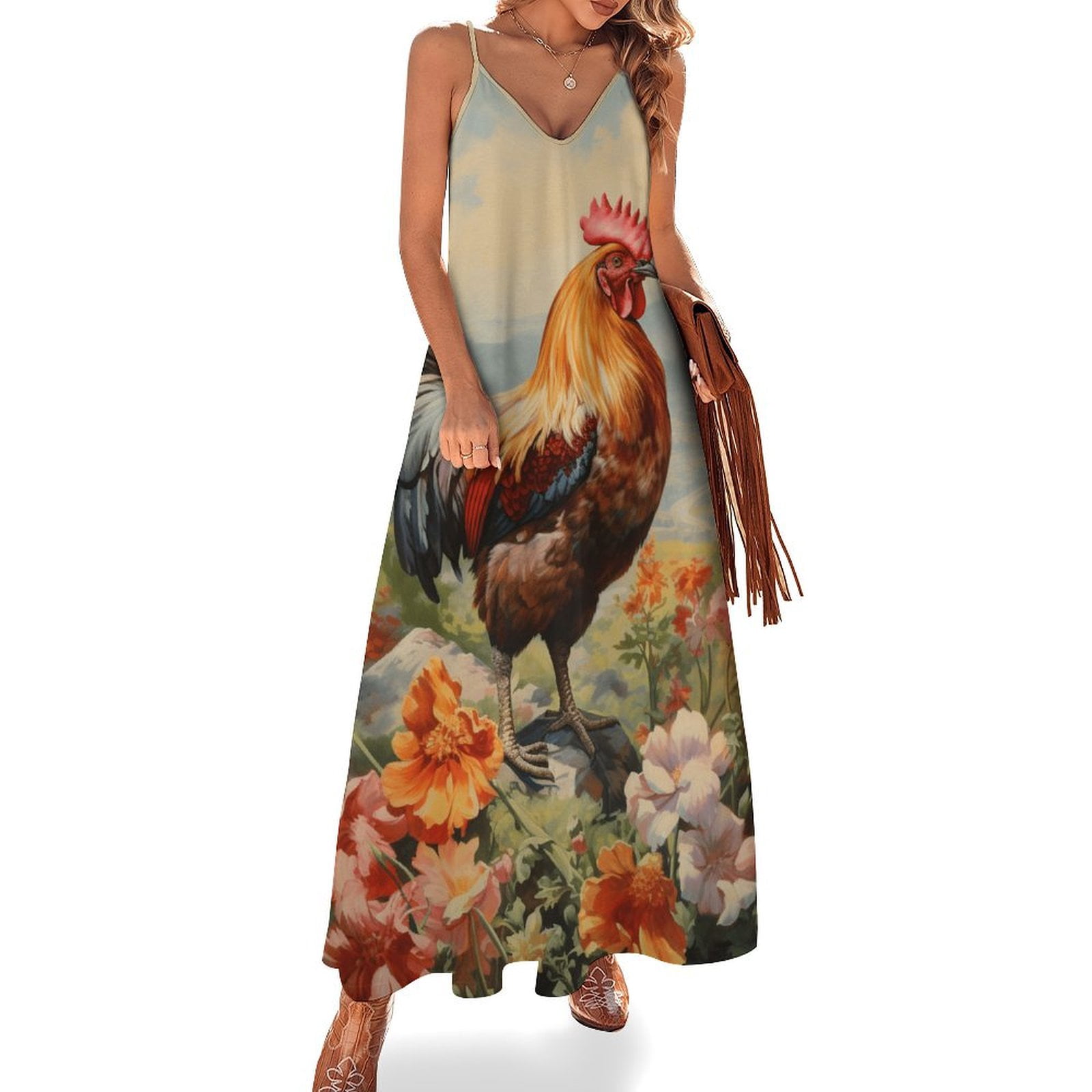 Rooster Vintage Barn Colorful Flowers Sleeveless Dress Woman Fashion ...
