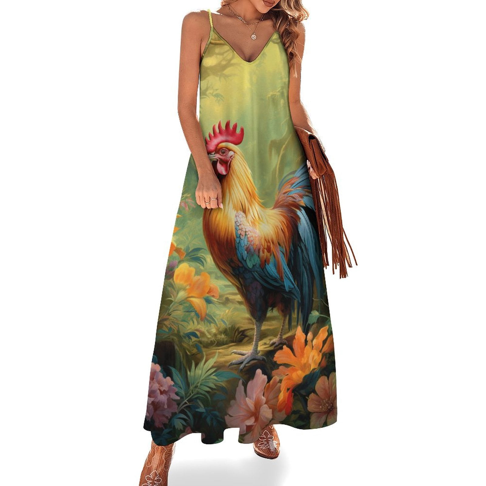 Rooster Vintage Barn Colorful Flowers Sleeveless Dress Woman Fashion ...