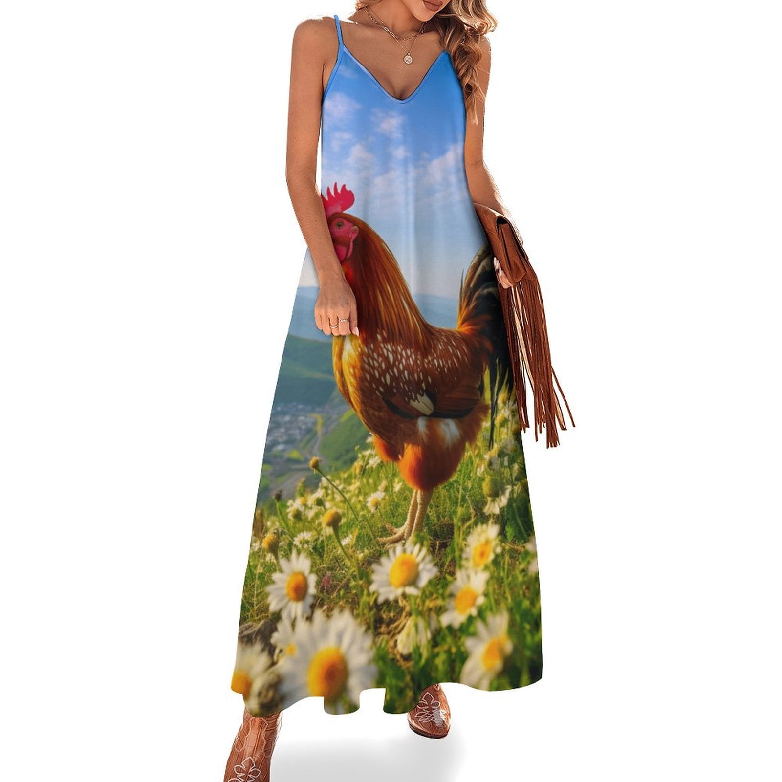 Rooster Vintage Barn Colorful Flowers Sleeveless Dress Woman Fashion ...