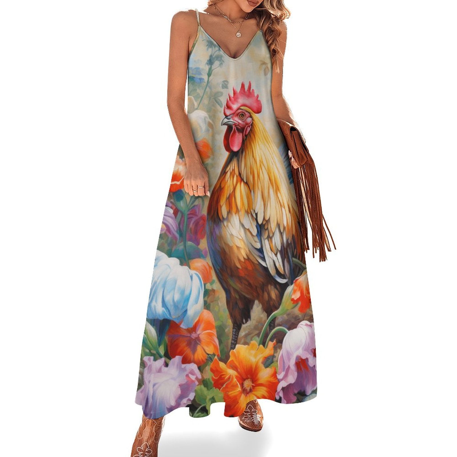 Rooster Vintage Barn Colorful Flowers Sleeveless Dress Women's Luxury ...