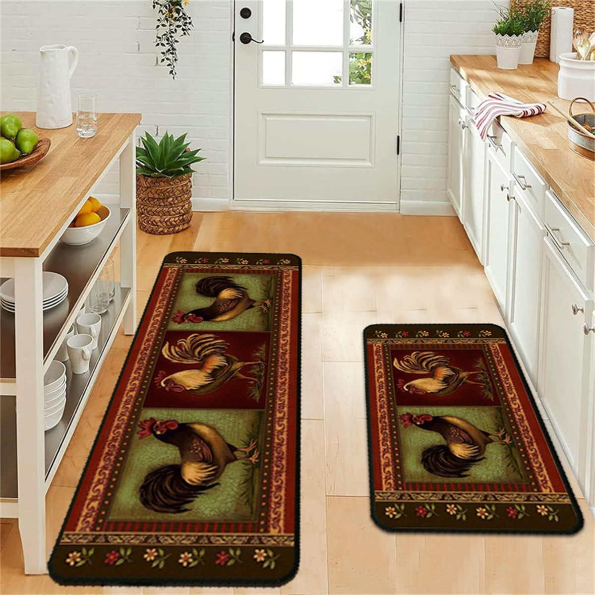 Rooster Vintage Rugs for Kitchen Chicken Rustic Village Kitchen Rug ...