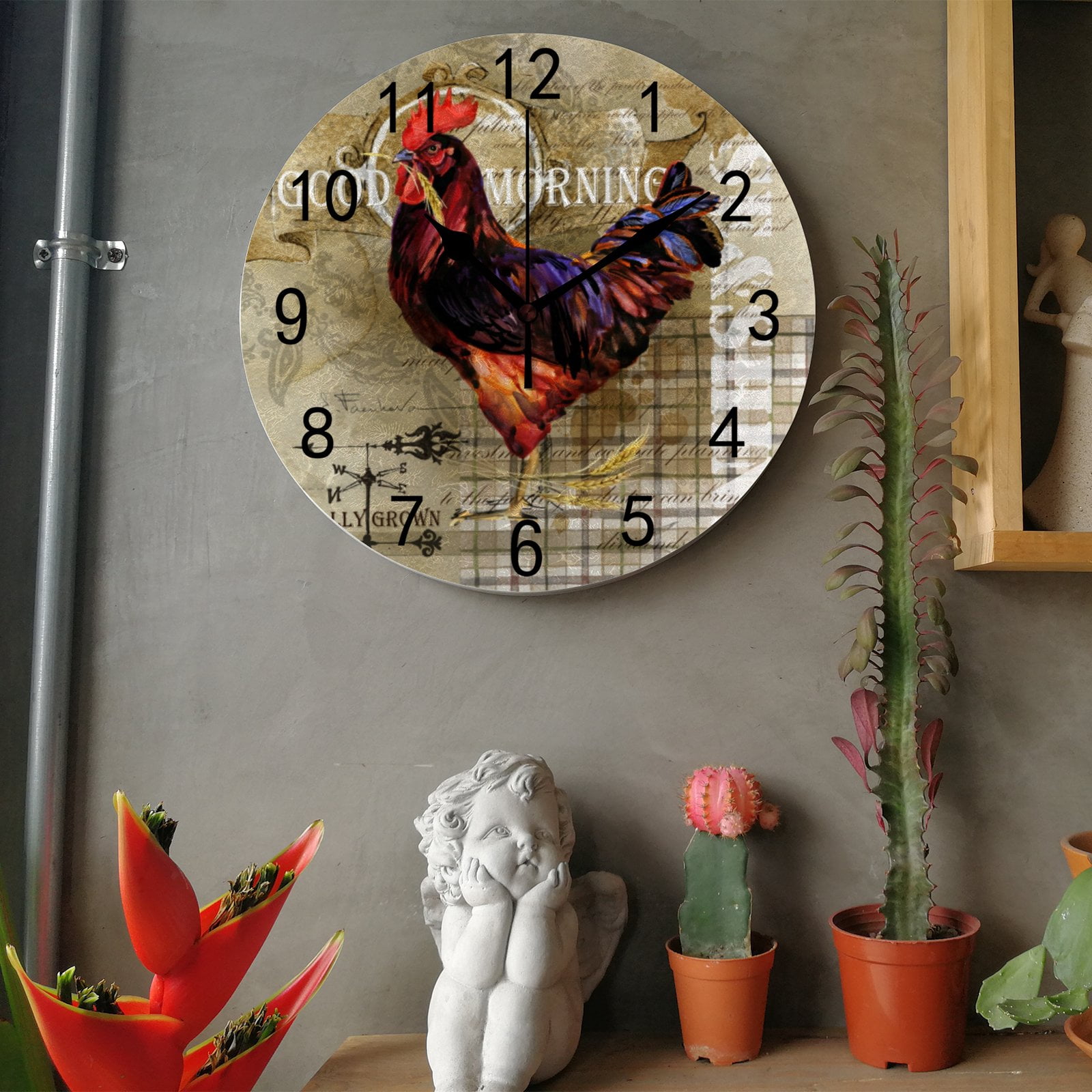 Rooster Walking In The Farm Wall Clock, 10 Inch Silent Non Ticking Wall ...