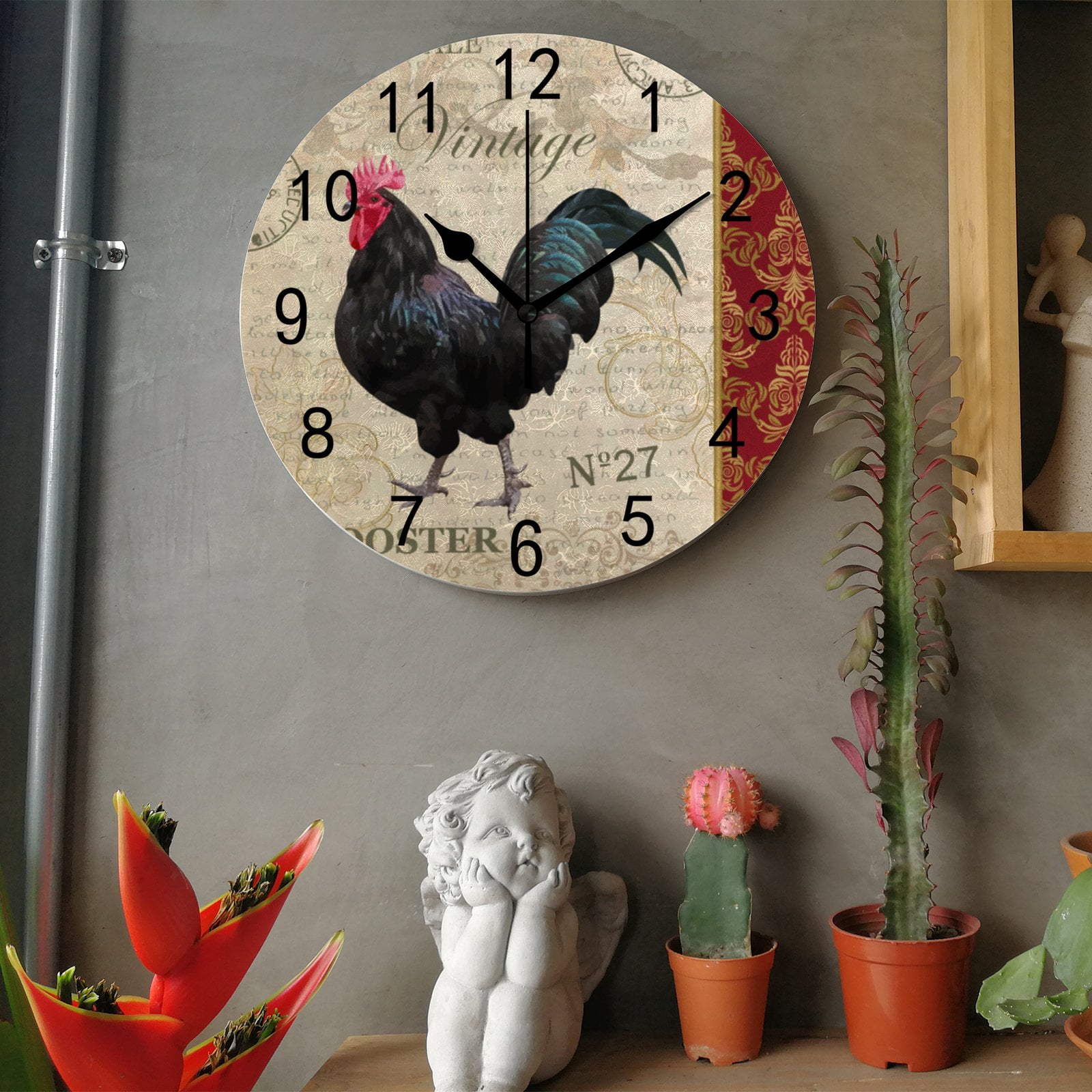 Rooster Walking In The Farm Wall Clock, 10 Inch Silent Non Ticking Wall ...