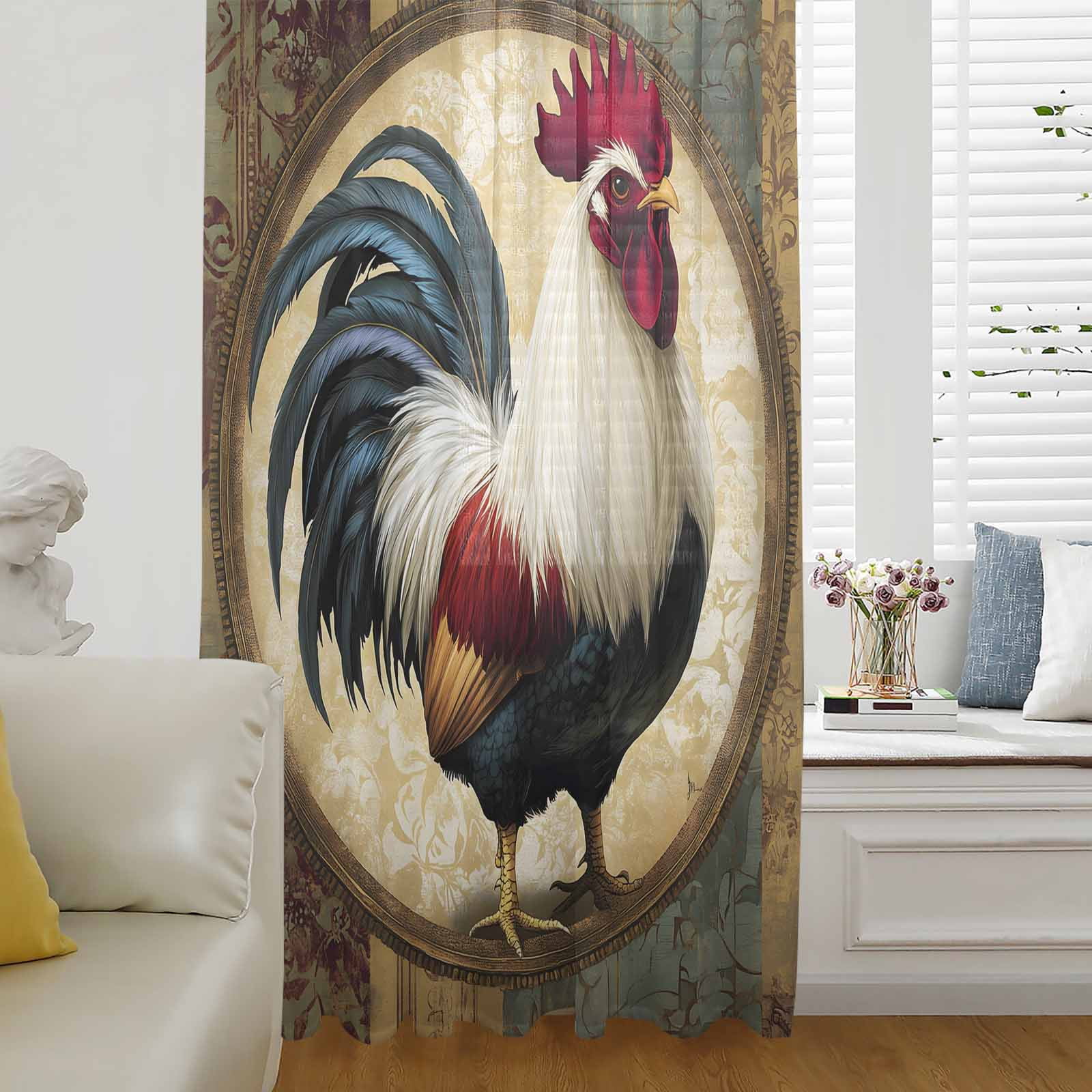 Rooster Window Curtain 96 Inches Long,Vintage Rustic Farmhouse Style ...