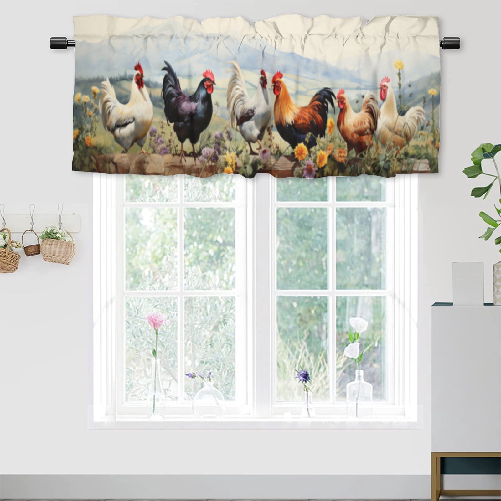 Rooster Window Curtain Valances Village Farm Chicken and Flowers Nature ...