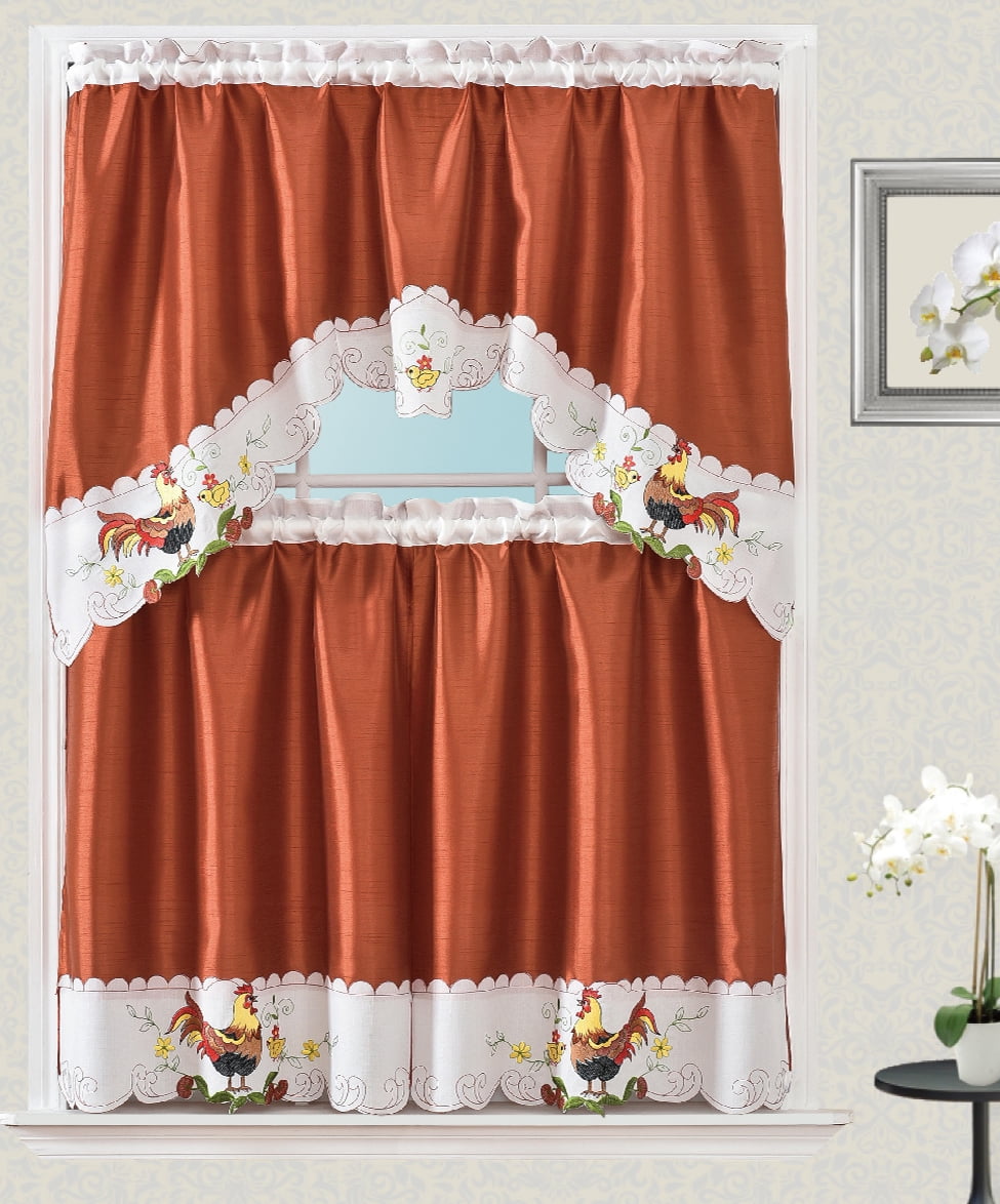 Rooster garden embroidery Design Kitchen Curtain with Swag and Tier Set ...