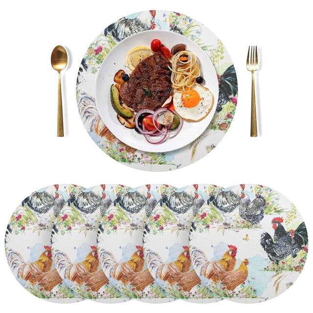 Roosters and Chickens Pattern Round Plate Mats Non-Slip Place Mat ...