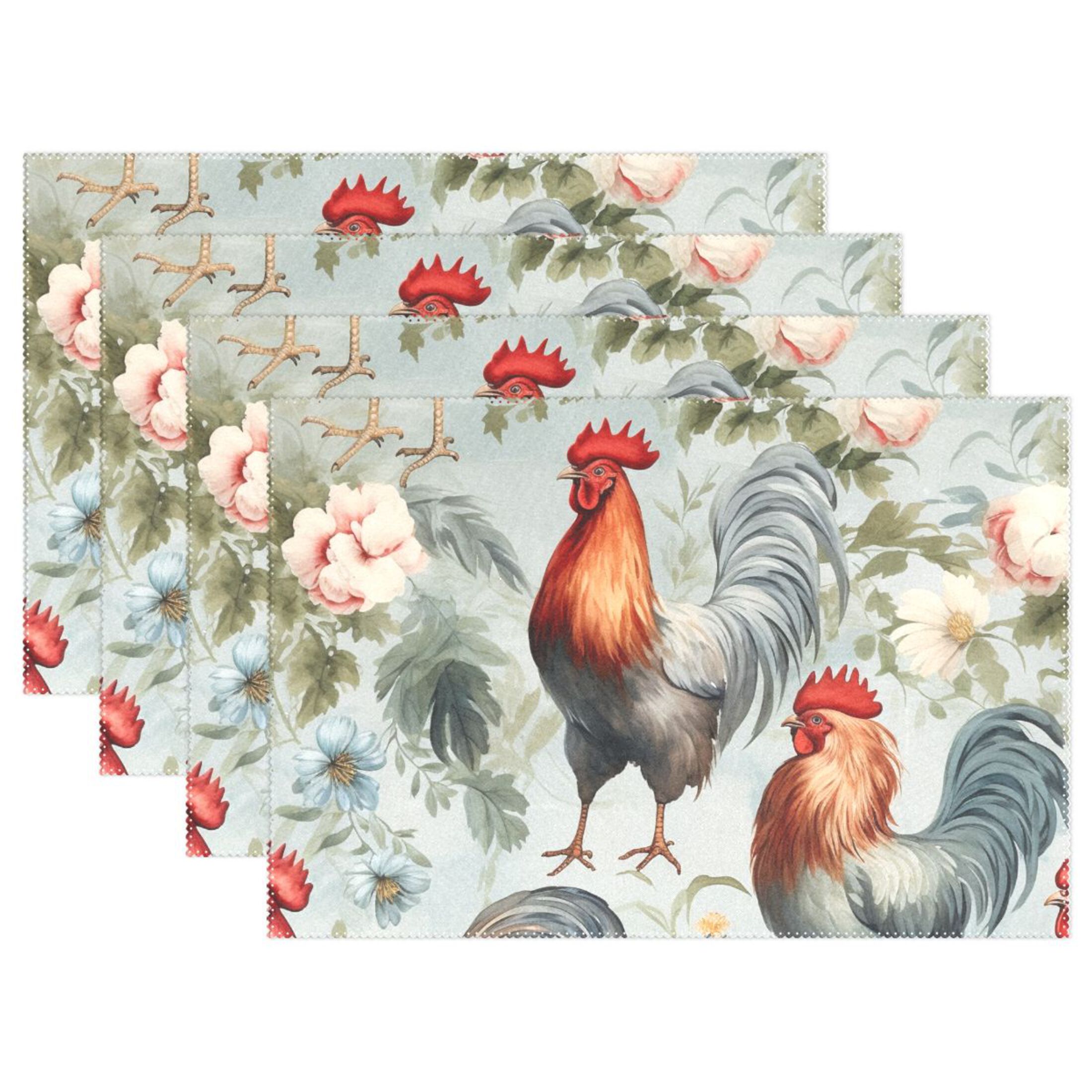 Roosters and Flowers 4 PCs Placemats Set Linen Non-Slip Table Mat ...