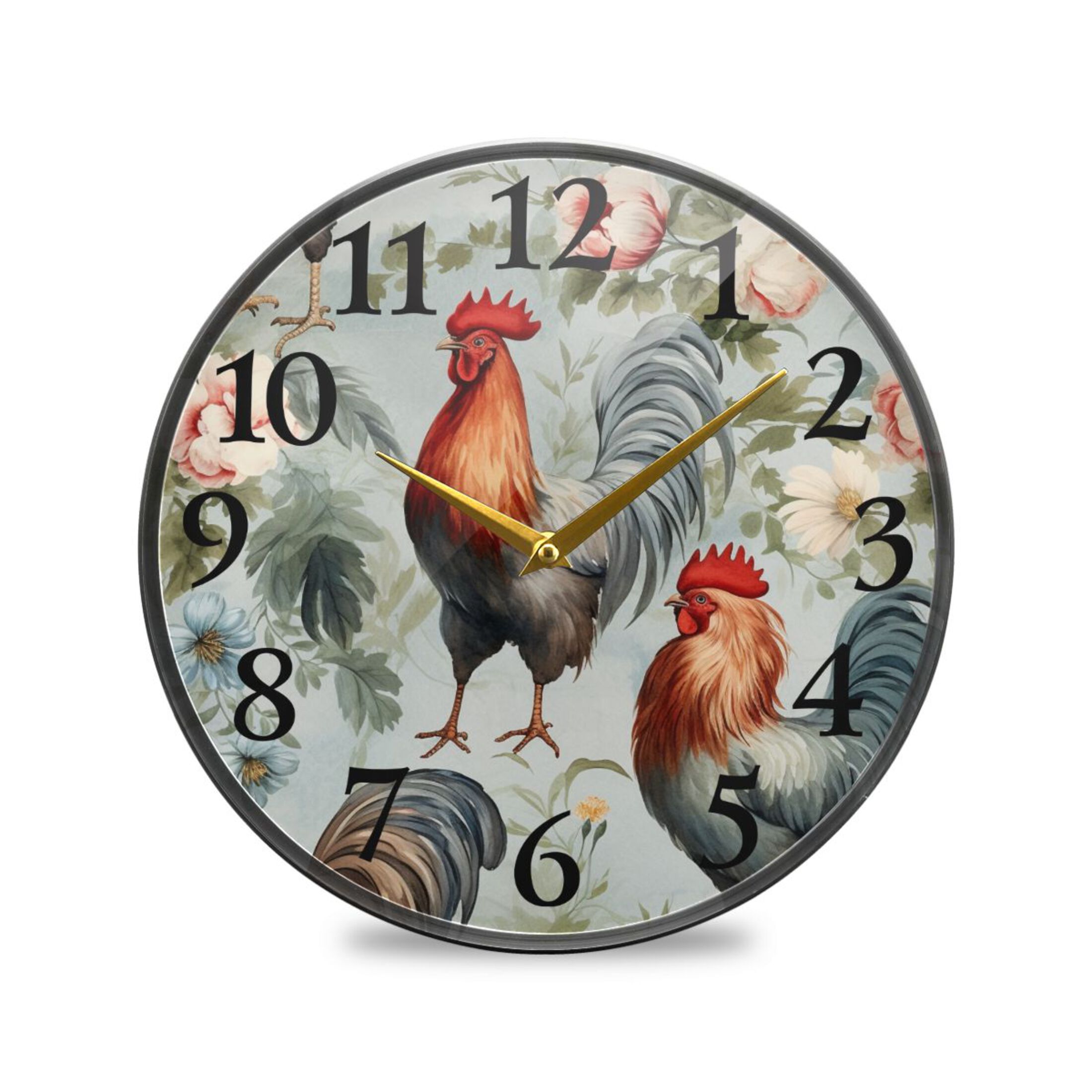 Roosters and Flowers Wall Clocks Battery Operated 9.5 Inch Round Clock ...