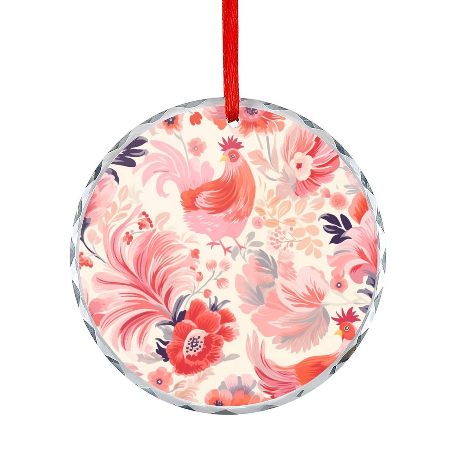 Roosters with Pink Flowers Crystal Glass Ornament for Xmas Tree Chicken ...