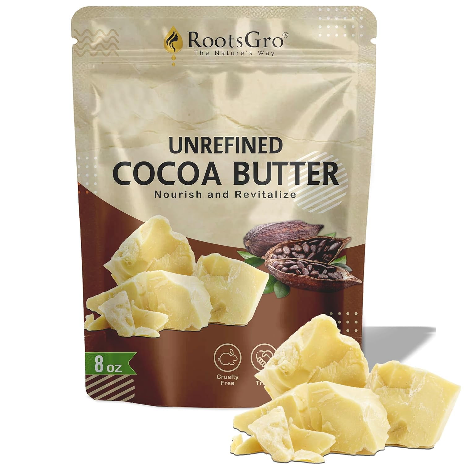 RootsGro Unrefined Cocoa Butter, OLF24 Unprocessed Butter, Moisturizer ...
