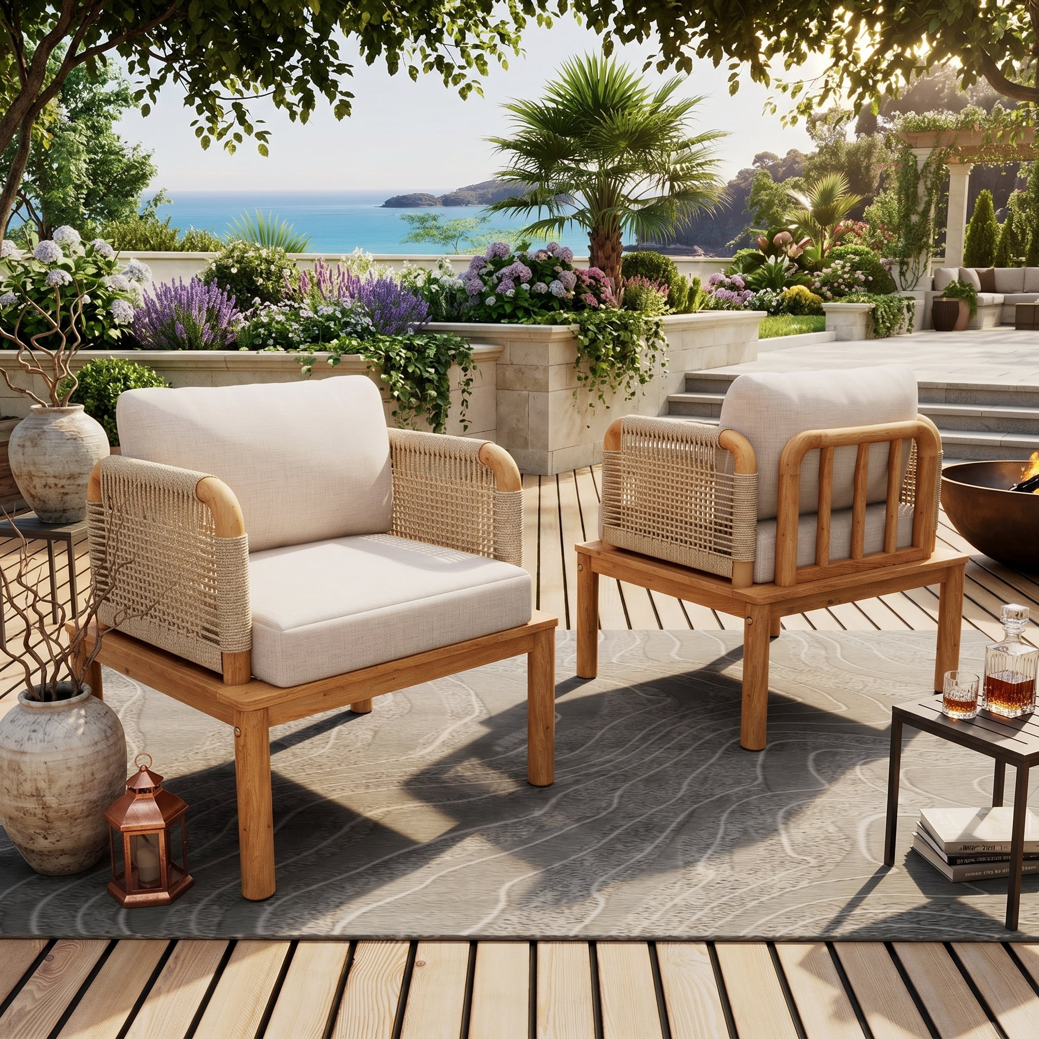 Rope Design Club Chairs Set of 2, Outdoor Acacia Wood Seating Chairs ...
