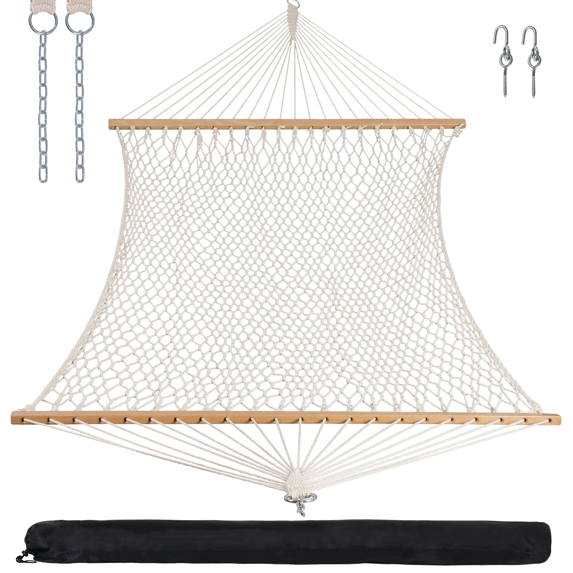 Rope Hammock Double Hammock with Hardwood Spreader Bar and Carrying Bag ...