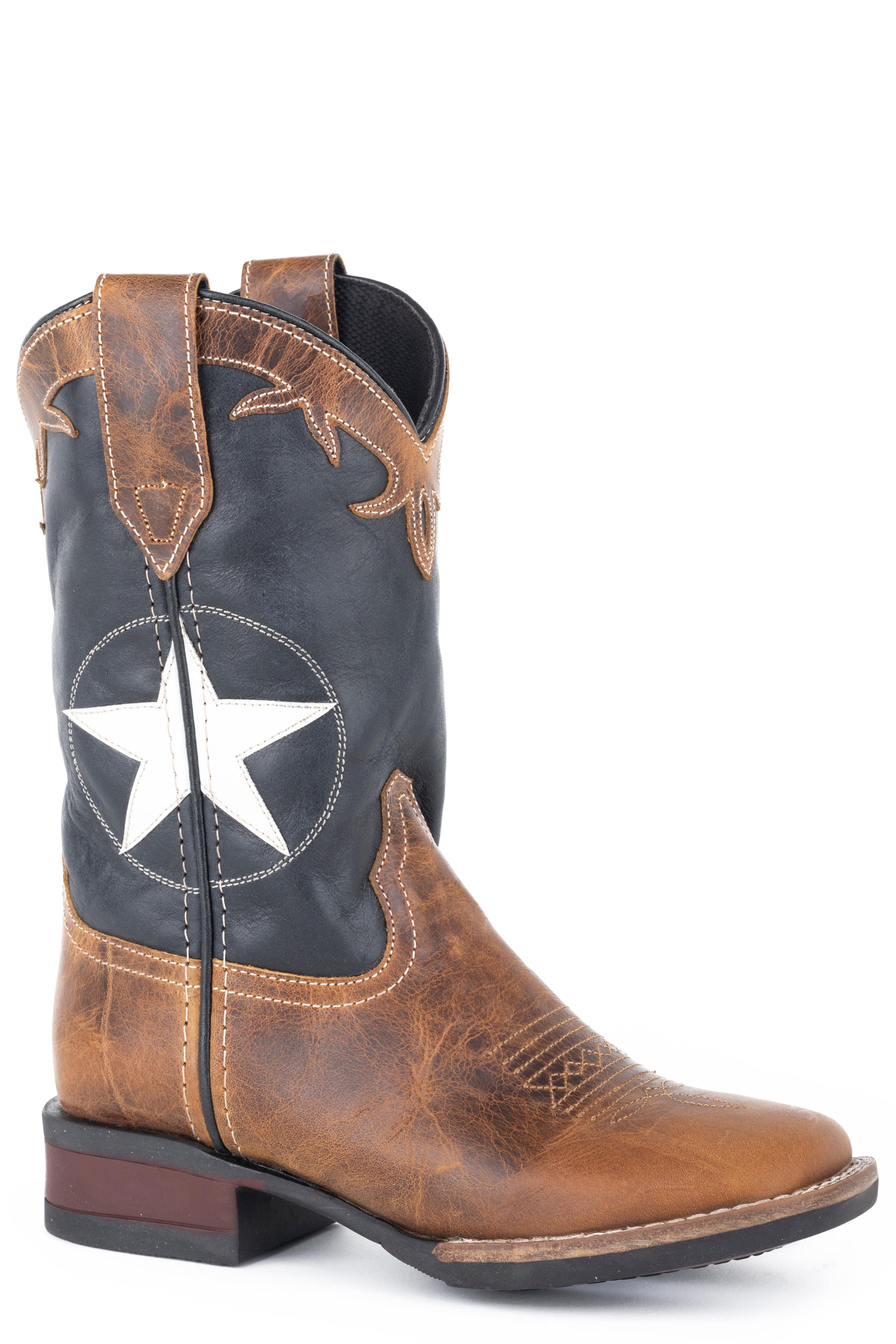 Roper Big Boys Tan Leather Vamp Boot With White Star Overlay On Navy ...