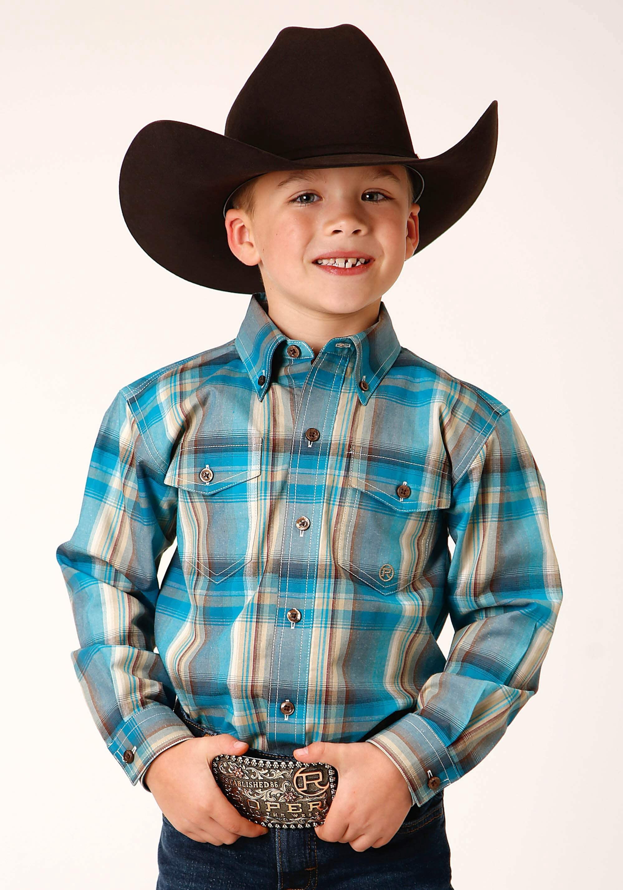 Roper Boys Long Sleeve Button Sandy Turquoise Plaid Western Shirt ...