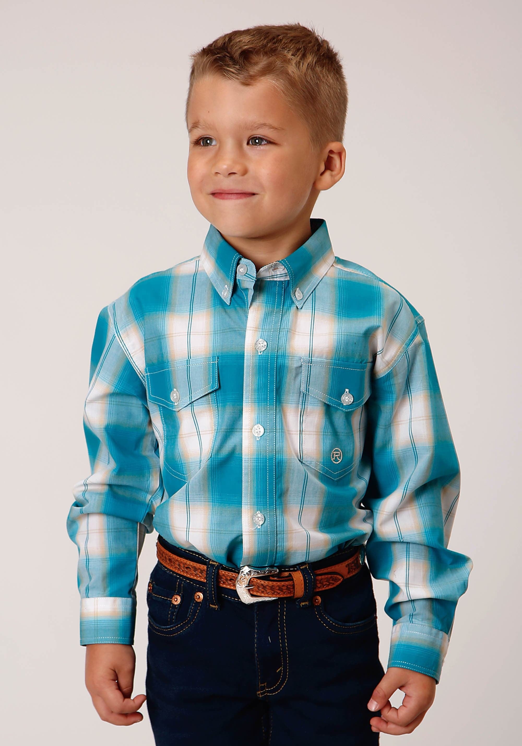 Roper Boys Long Sleeve Button Turquoise Sand Ombre Plaid Western Shirt ...