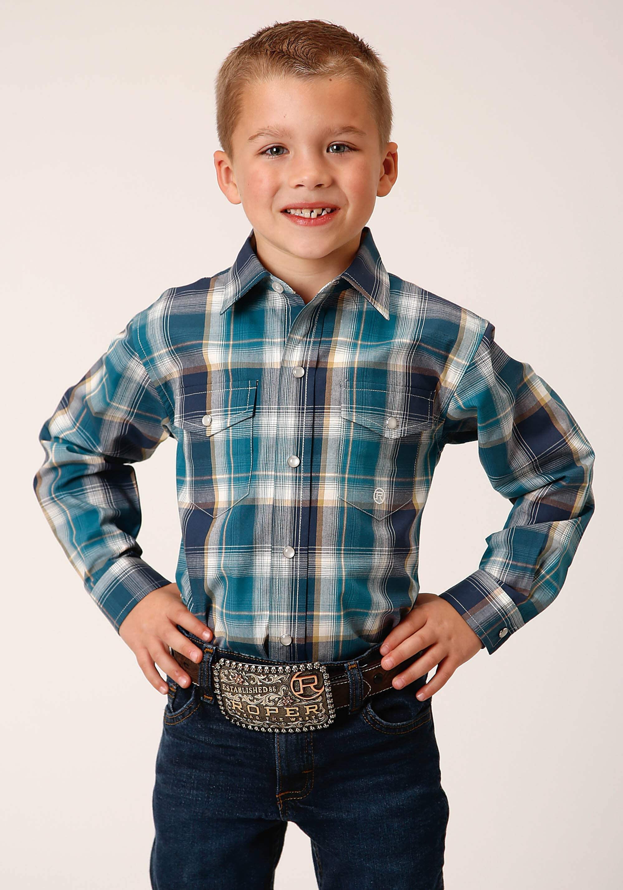 Roper Boys Long Sleeve Snap Blueberry Plaid Western Shirt - Walmart.com