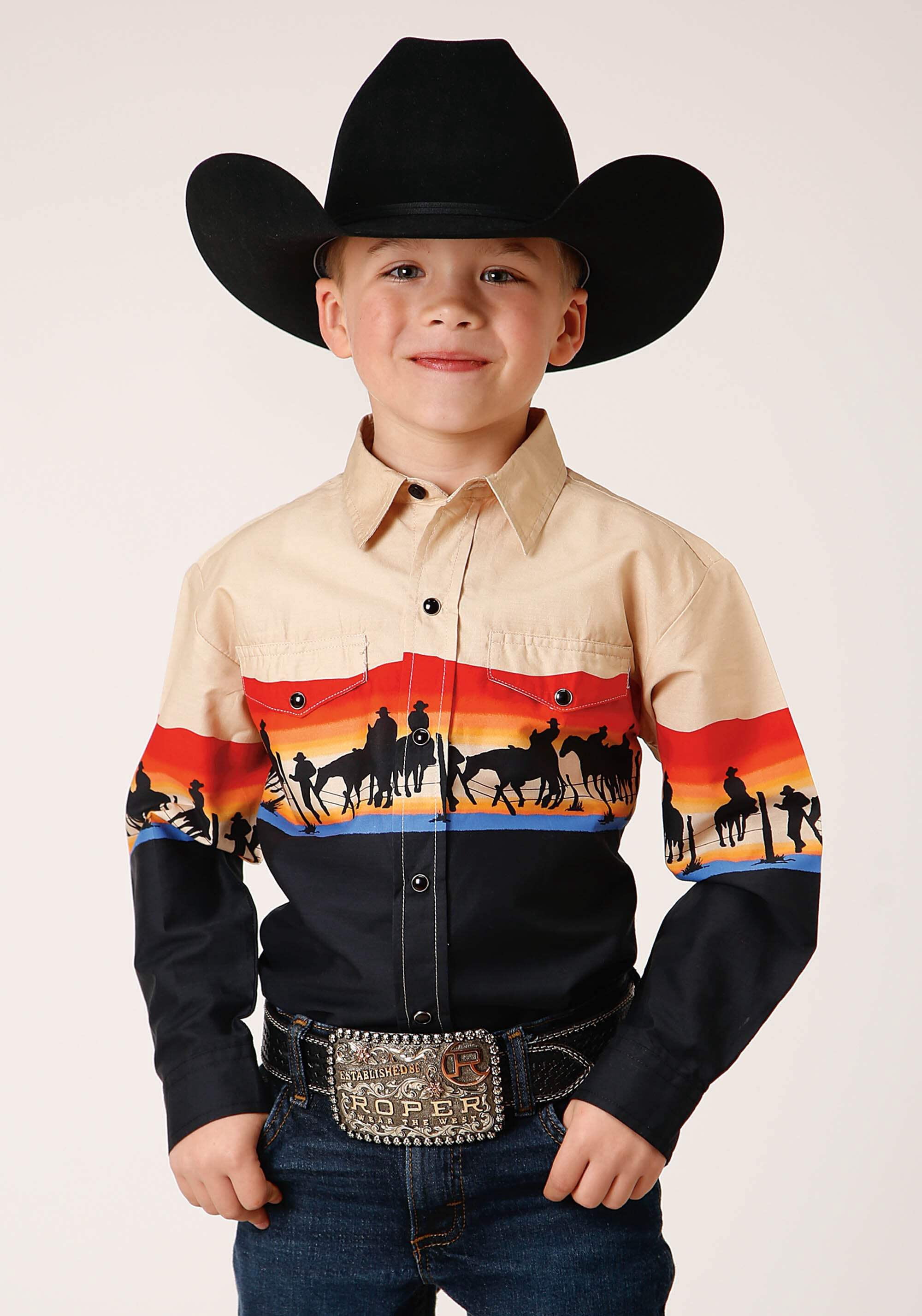 Roper Boys Long Sleeve Snap Days End Scenic Border Western Shirt ...