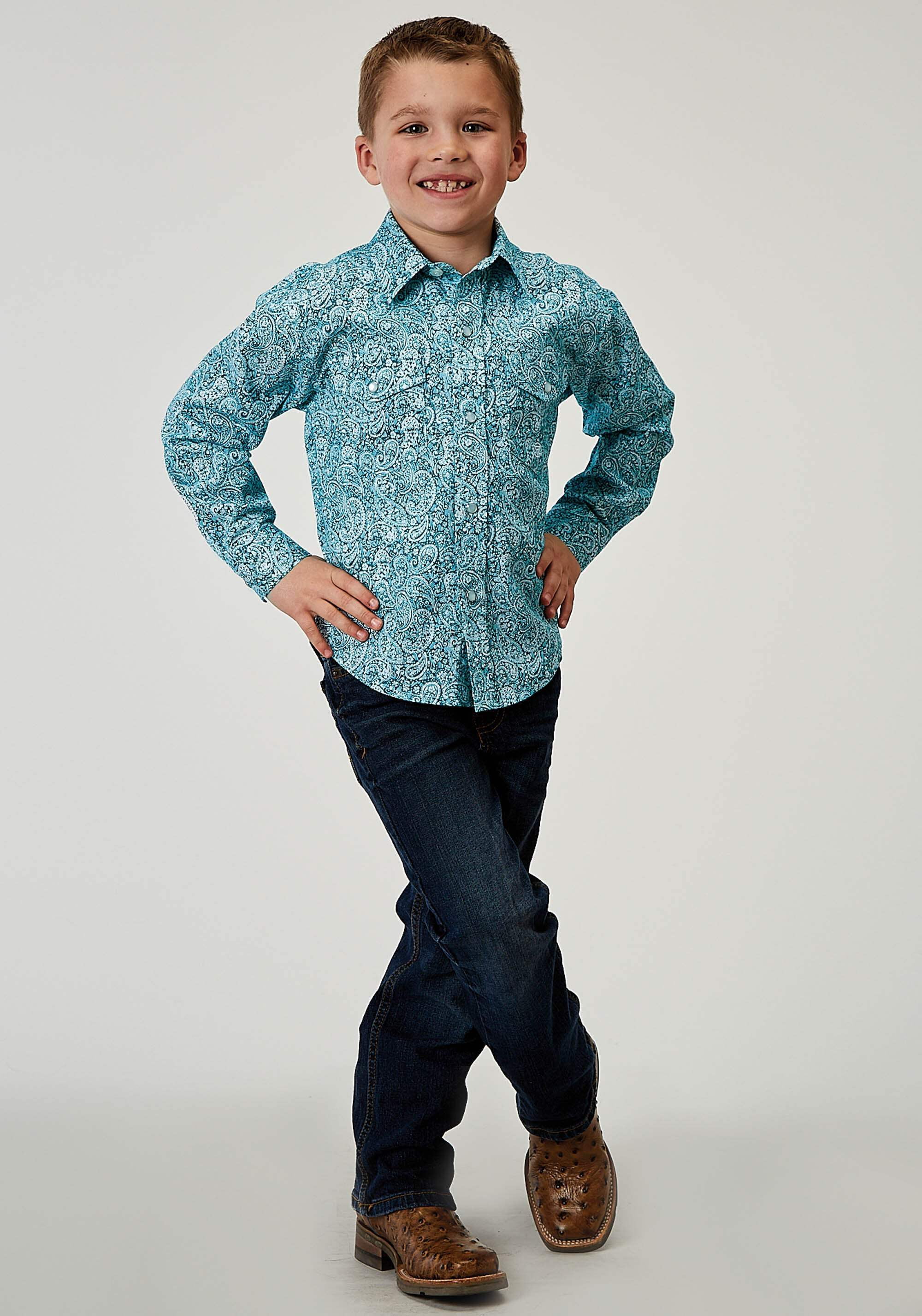 Roper Boys Long Sleeve Snap Stretch Poplin Teal Paisley Western Shirt ...
