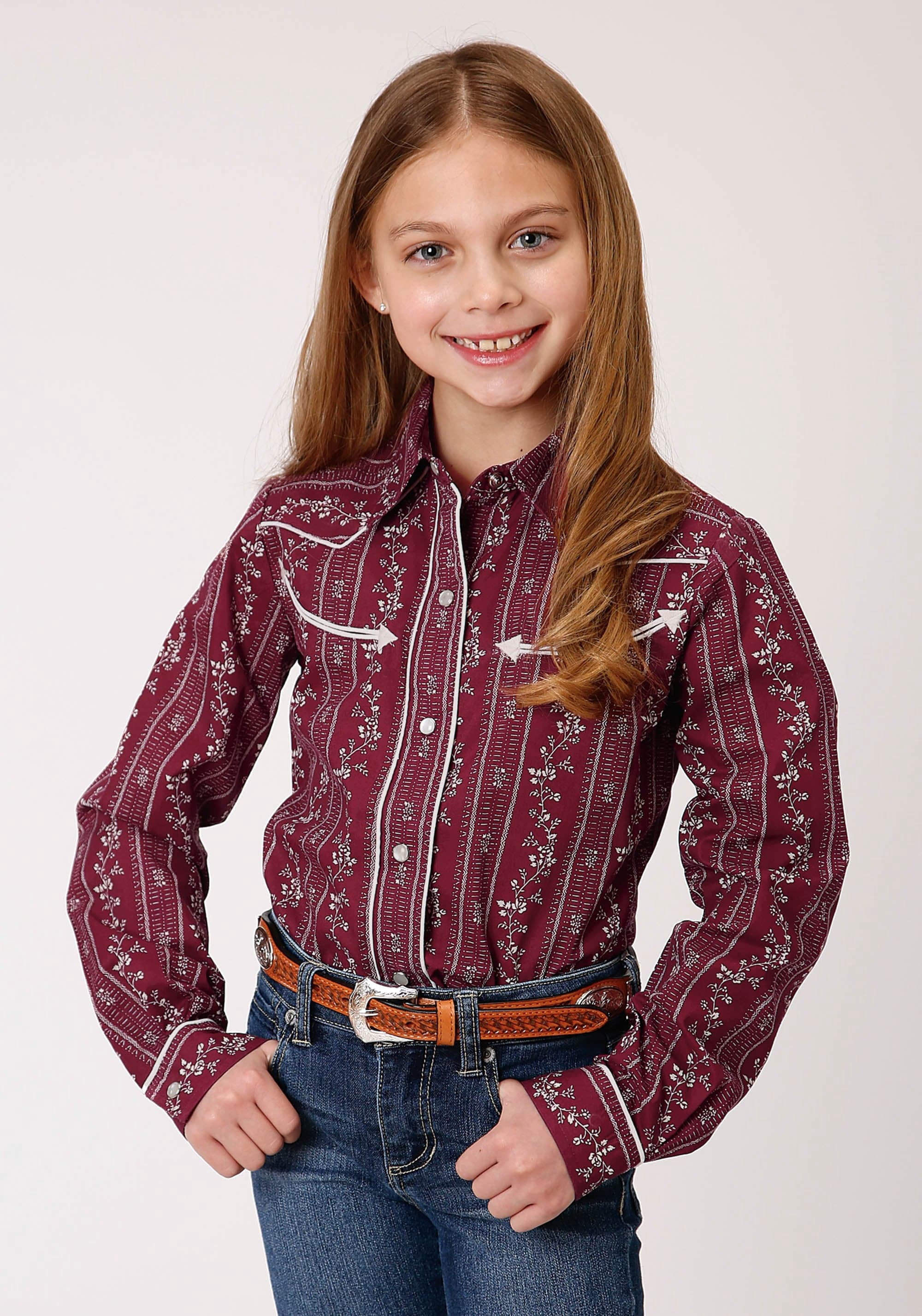Roper Girls Long Sleeve Snap Brick Red And Cream Wallpaper Stripe ...