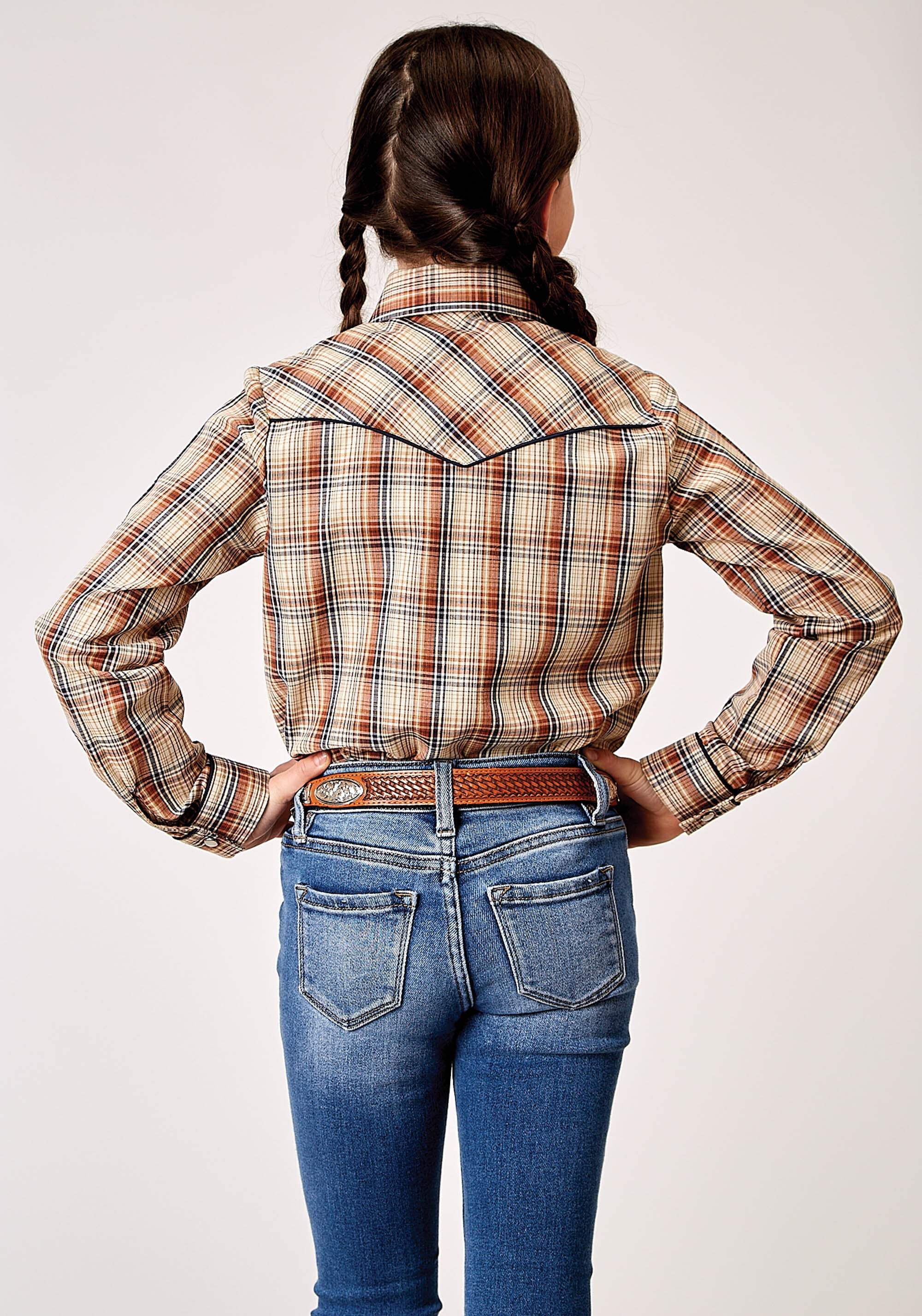 Roper Girls Long Sleeve Snap Brown Plaid Western Shirt With Solid ...