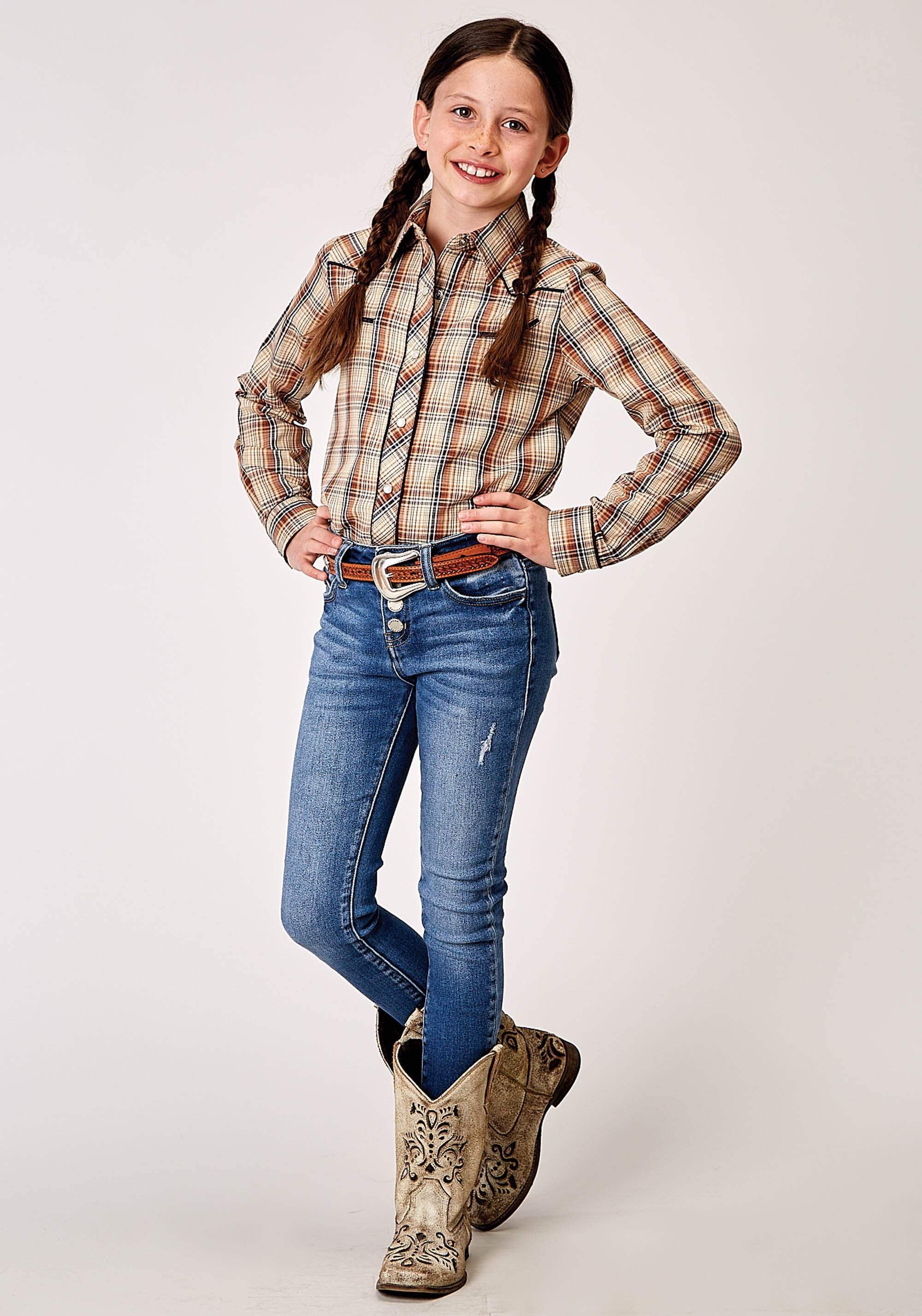 Roper Girls Long Sleeve Snap Brown Plaid Western Shirt With Solid ...