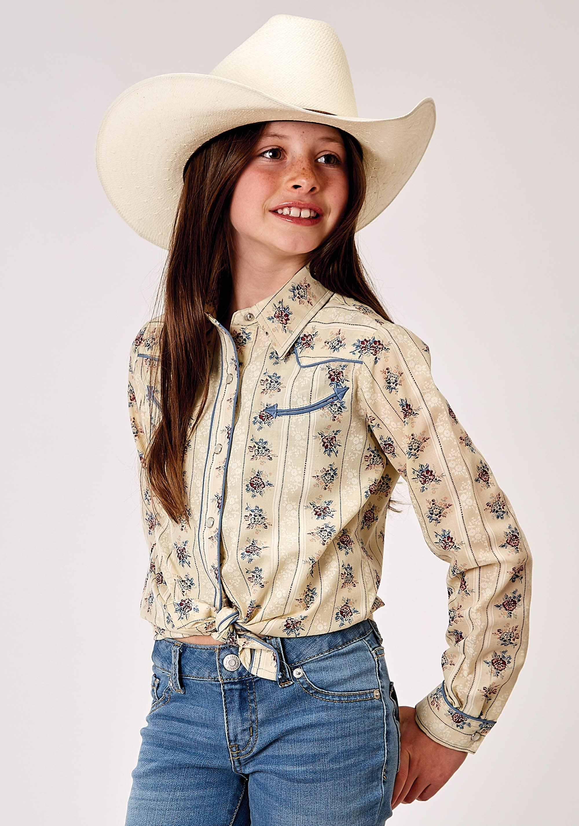 Roper Girls Long Sleeve Snap Floral Stripe Western Shirt With Solid ...