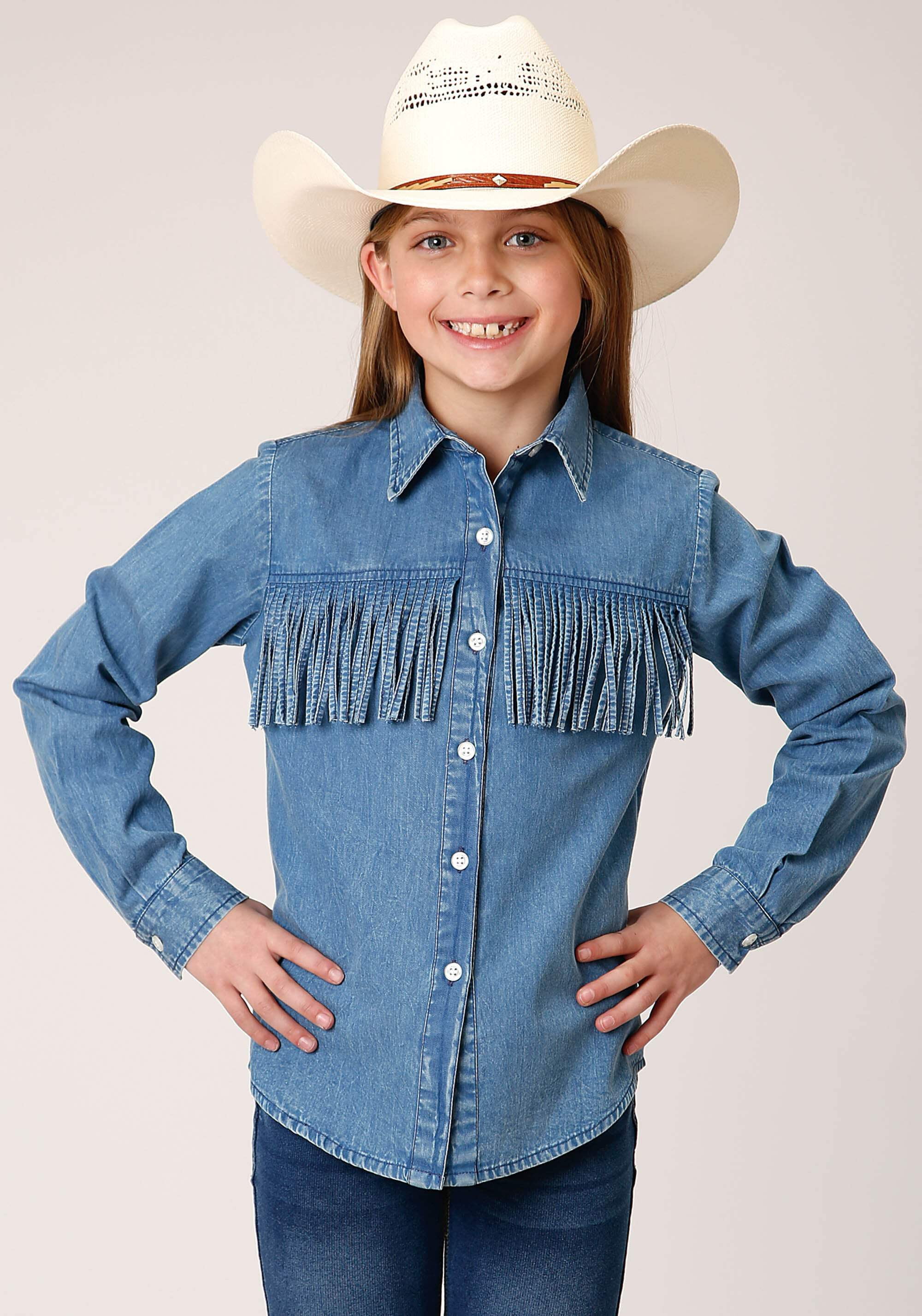 Roper Girls Long Sleeve Snap Medium Blue Denim Western Shirt - Walmart.com