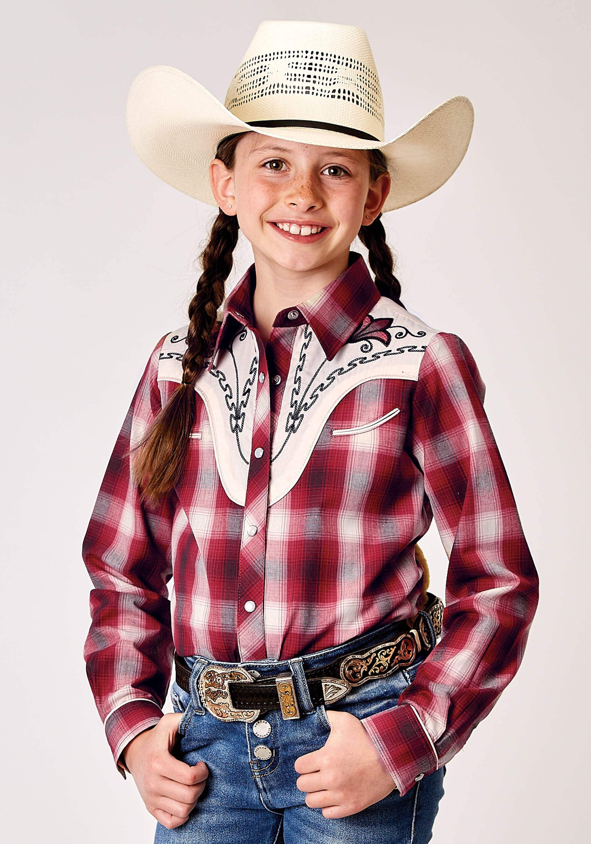 Roper Girls Long Sleeve Snap Red Plaid Western Shirt With Fancy Curved Yokes Applique On Front ...