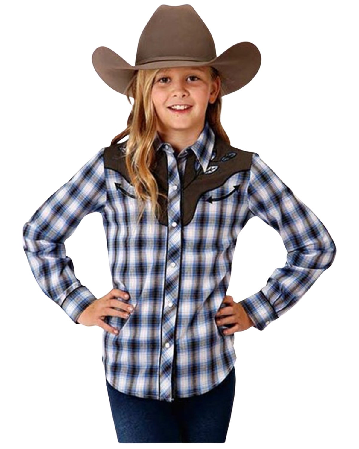 Roper Girls' Plaid Print Embroidered Yoke Long Sleeve Pearl Snap Western Shirt Blue Medium US ...