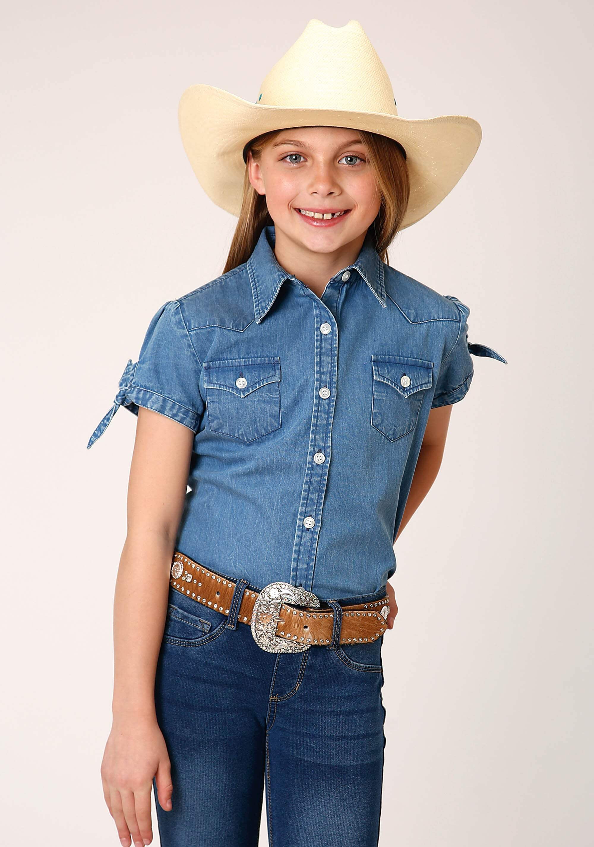Roper Girls Short Sleeve Button Medium Blue Denim Western Shirt - Walmart.com