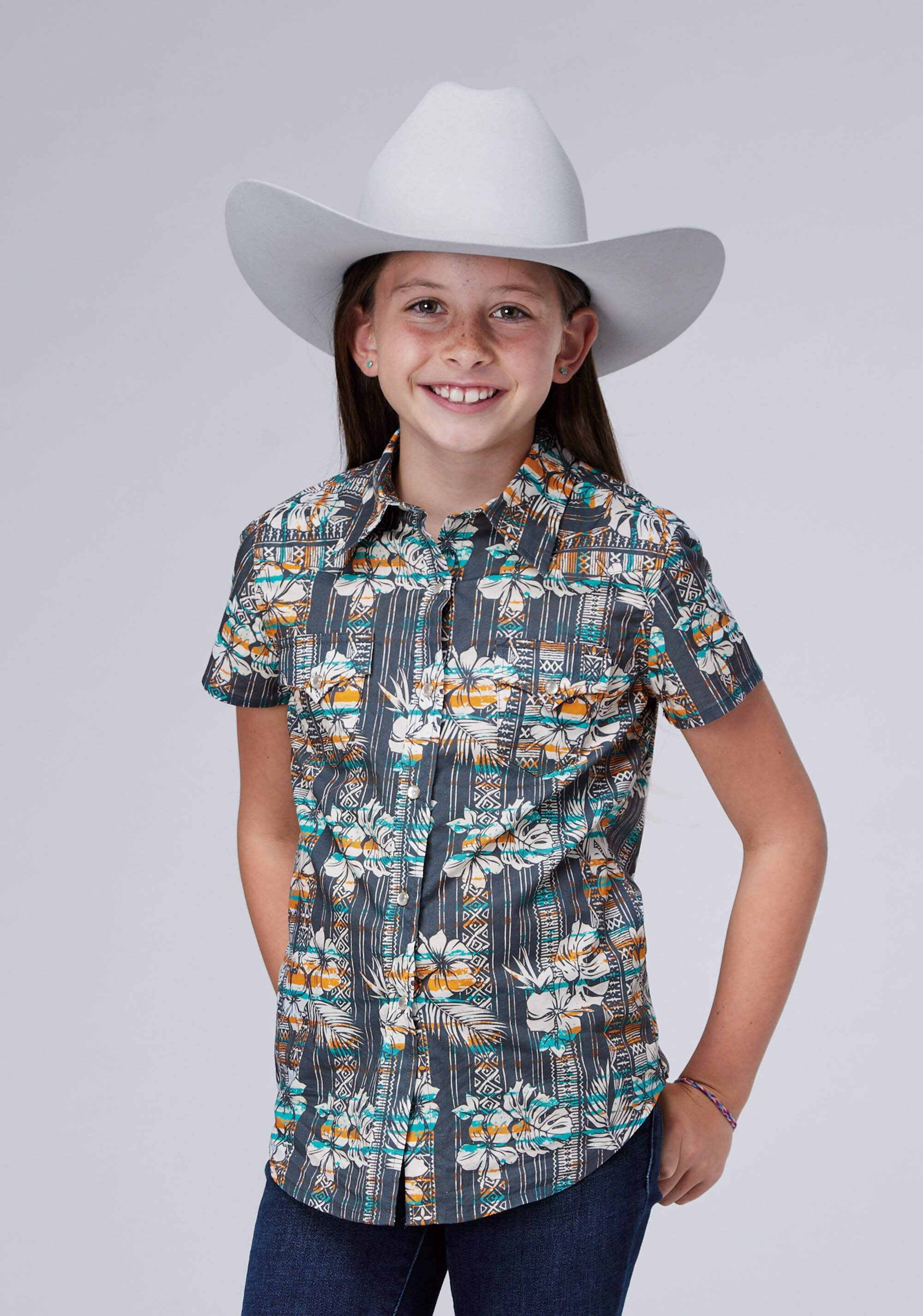 Roper Girls Sleeveless Snap Distressed Tropical Print Western Shirt ...