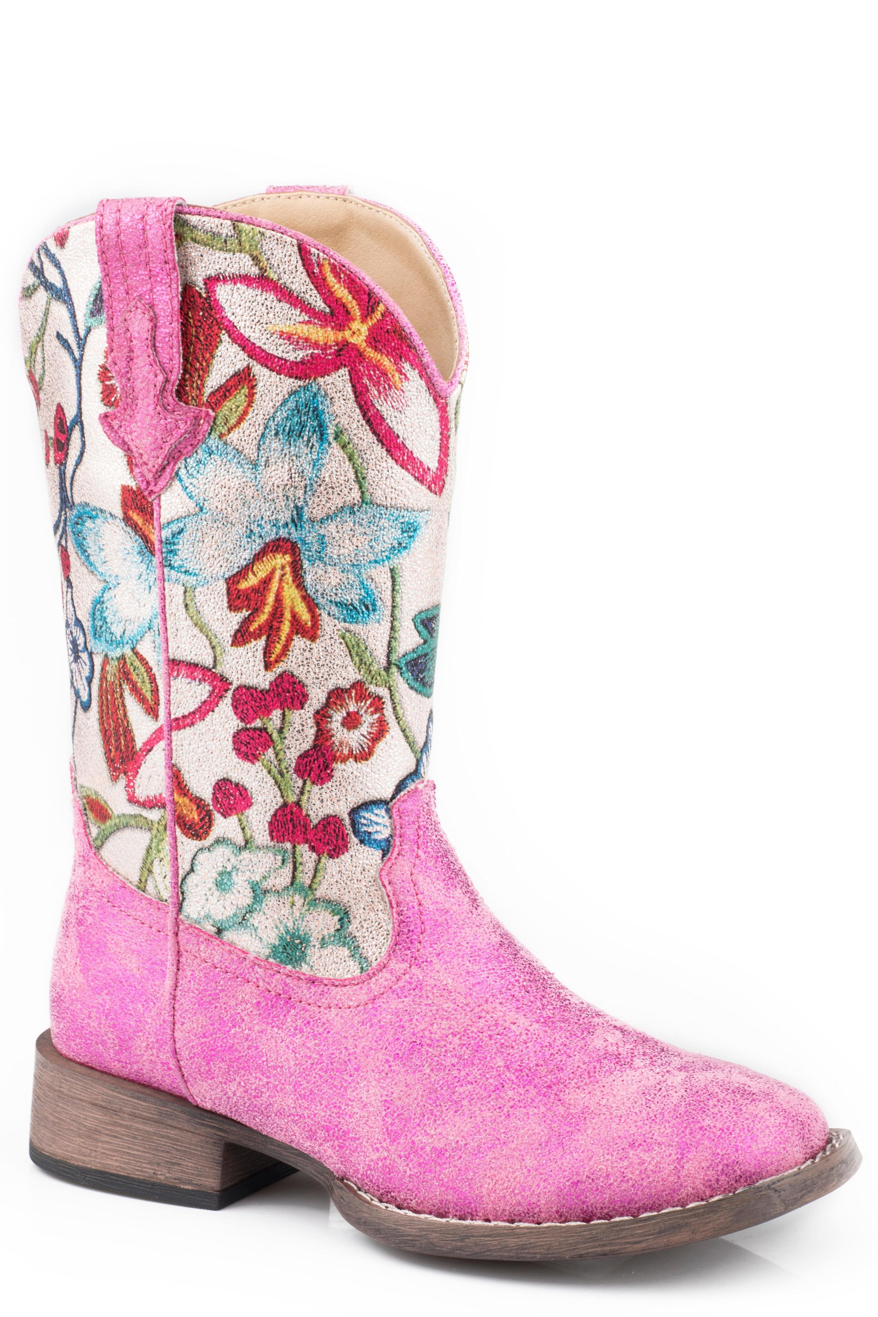 Roper Little Girls Metallic Pink Vamp Boot With Multi Metallic Floral ...