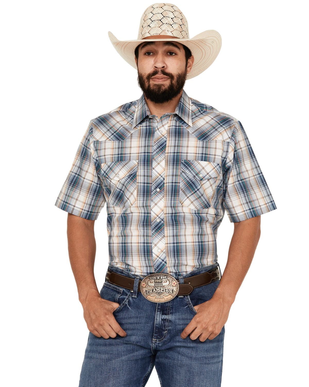 Roper Men's Medium Plaid Print Short Sleeve Pearl Snap Western Shirt Blue Large - Walmart.com