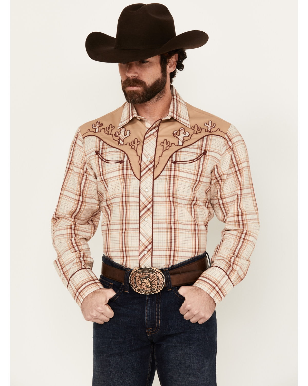 Roper Men's Plaid Print Embroidered Long Sleeve Pearl Snap Western Shirt Tan Medium - Walmart.com