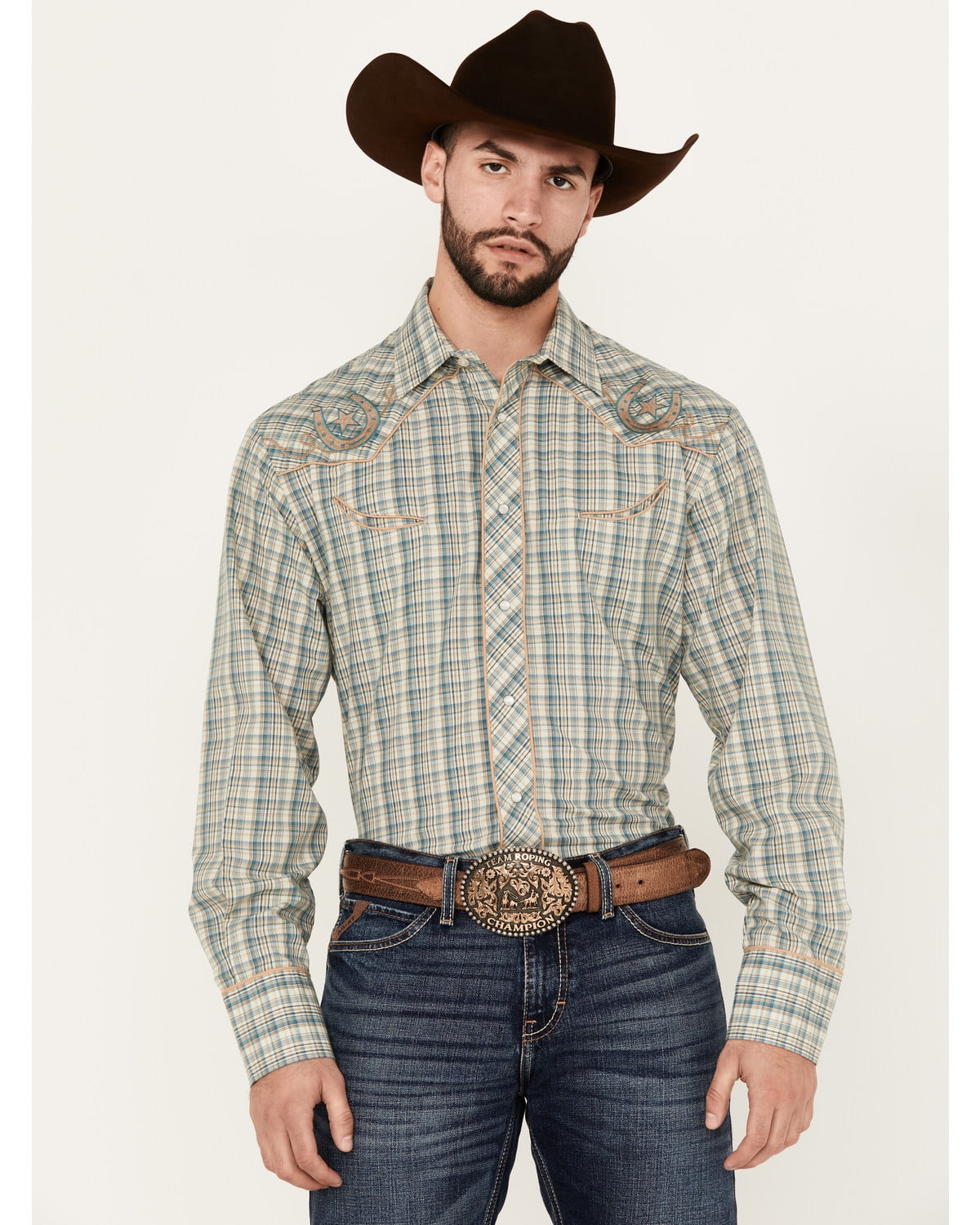 Roper Men's Plaid Print Embroidered Long Sleeve Pearl Snap Western Shirt Teal Medium - Walmart.com