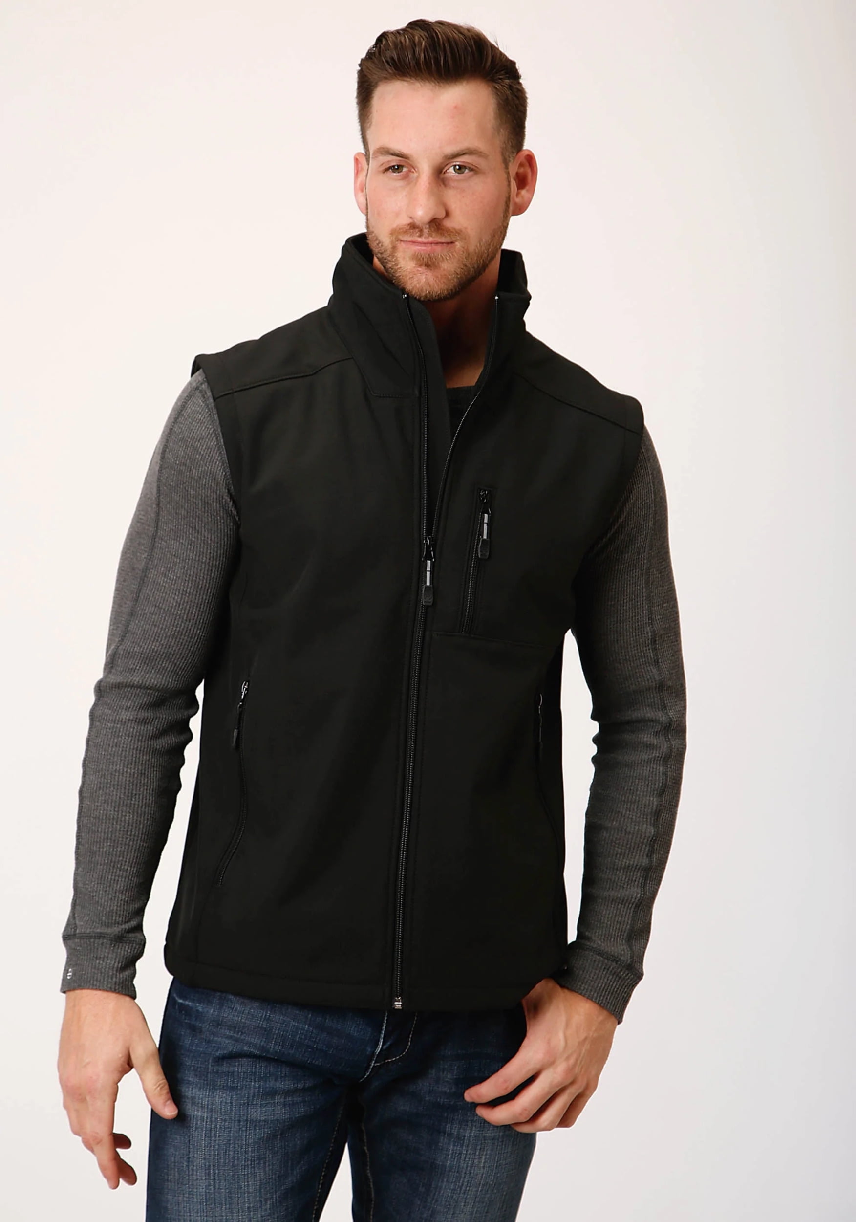Roper Mens Black Softshell With Black Lining Zip Front Vest - Walmart.com