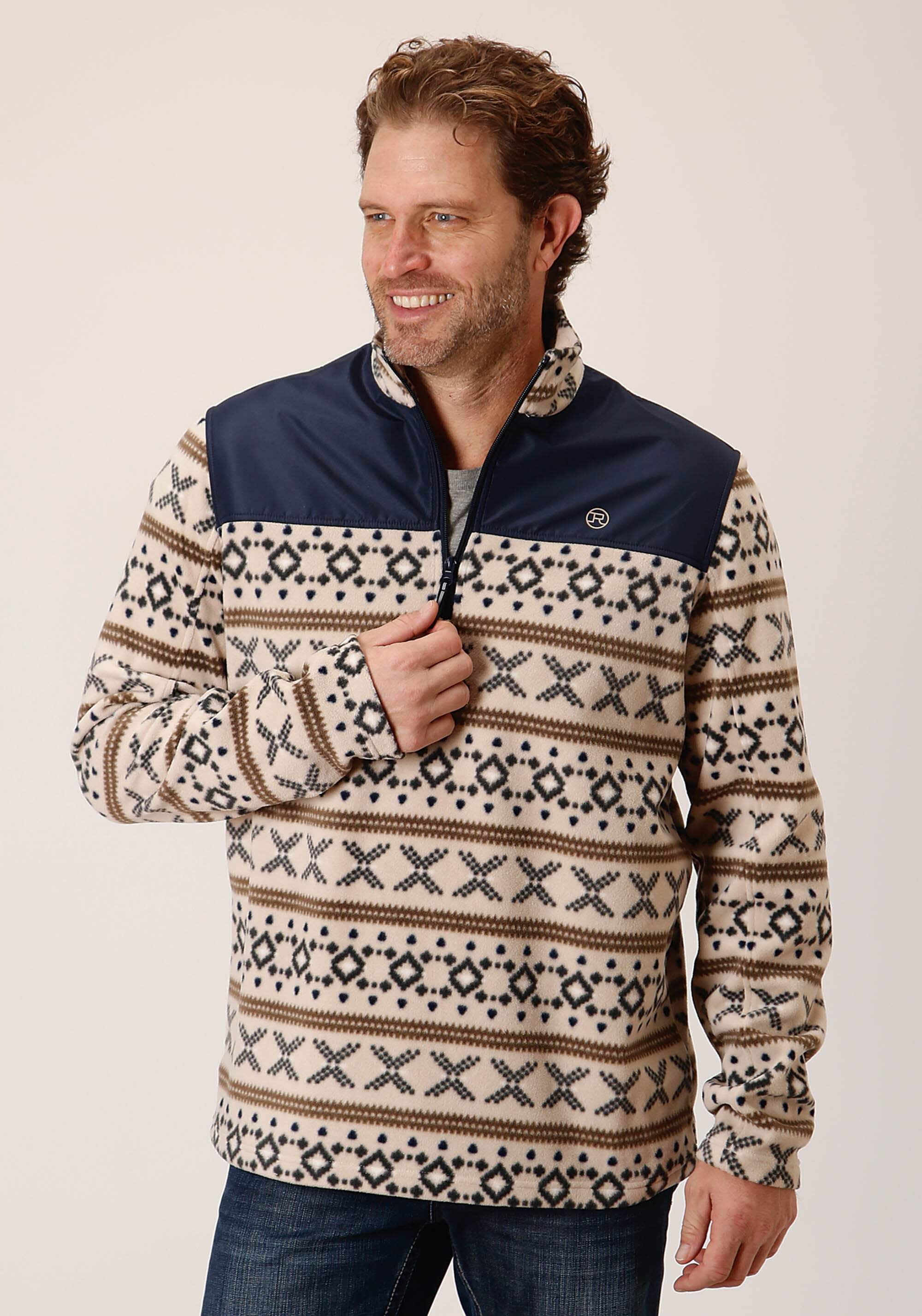 Roper Mens Cream Aztec Print Micro Fleece Pullover - Walmart.com
