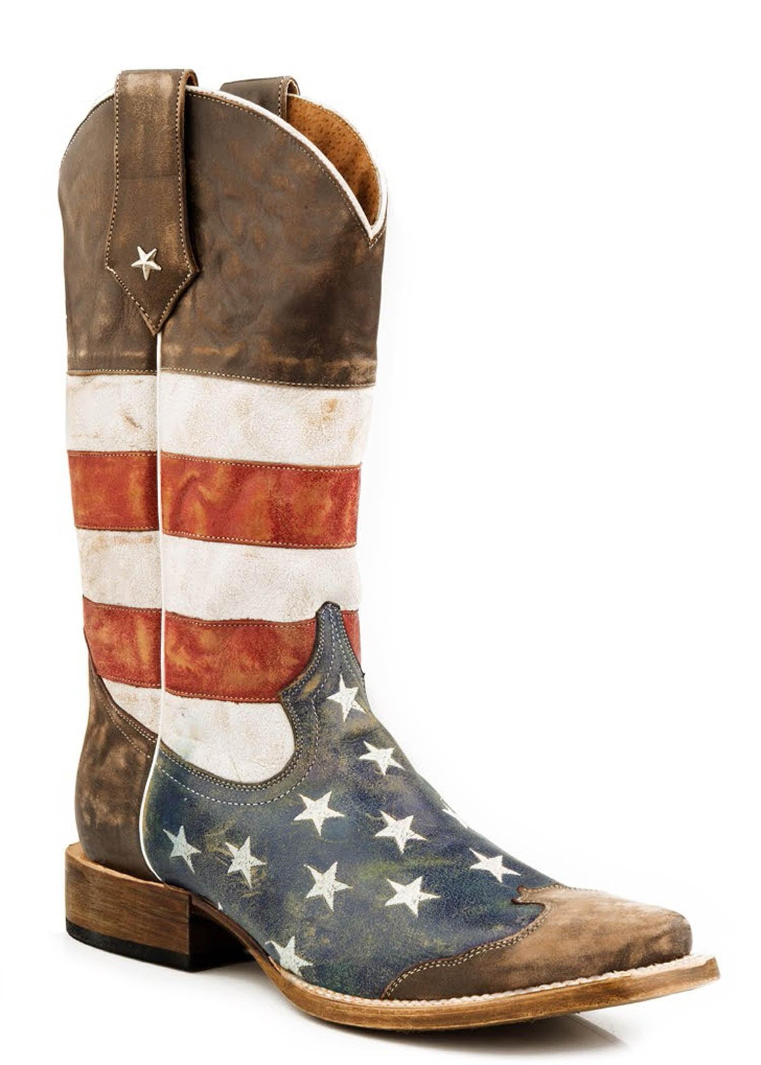 Roper Mens Leather Cowboy Boot American Flag Distressed Brown With Red ...