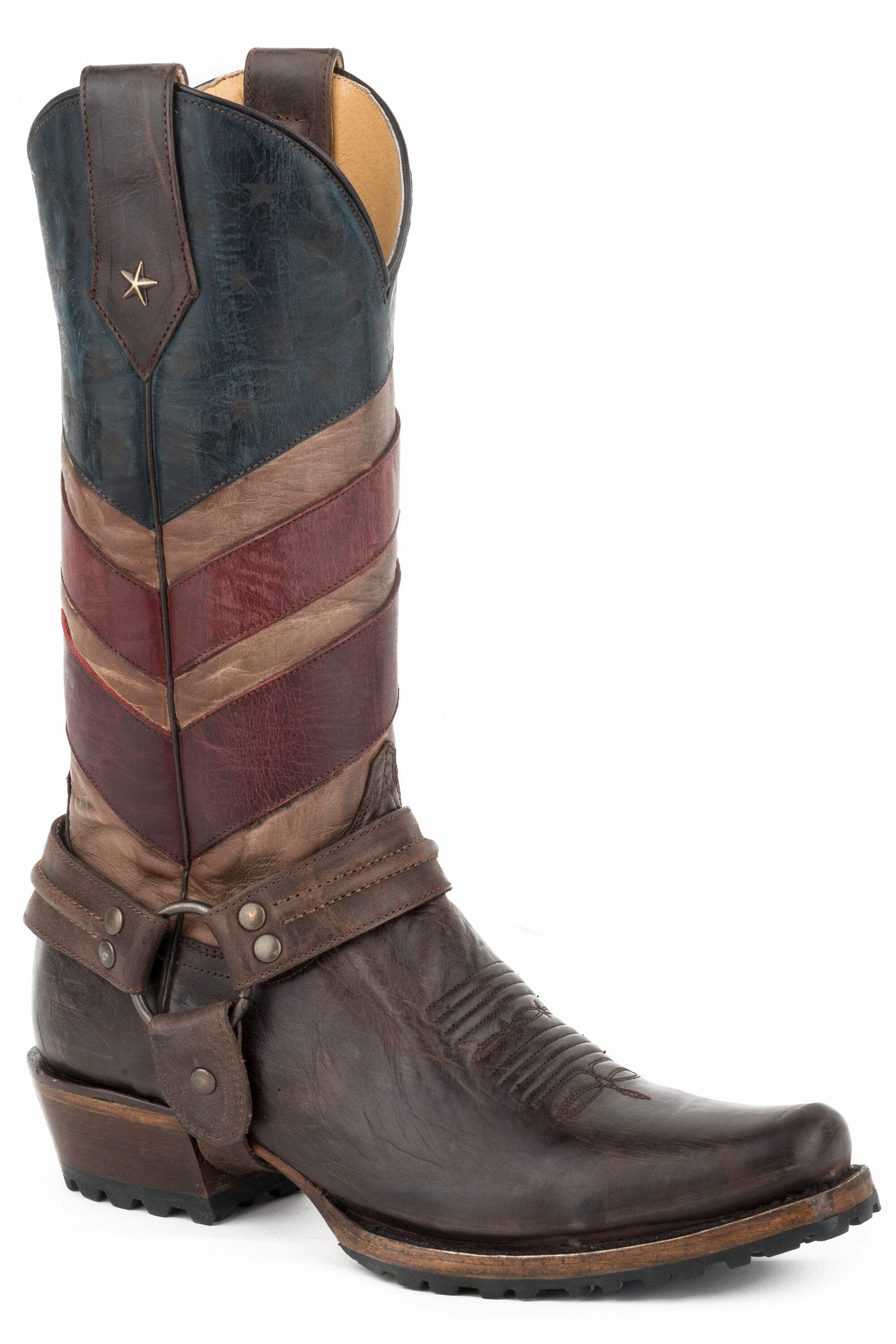 Roper Mens Leather Cowboy Boot Vintage American Flag Upper Waxy Brown ...