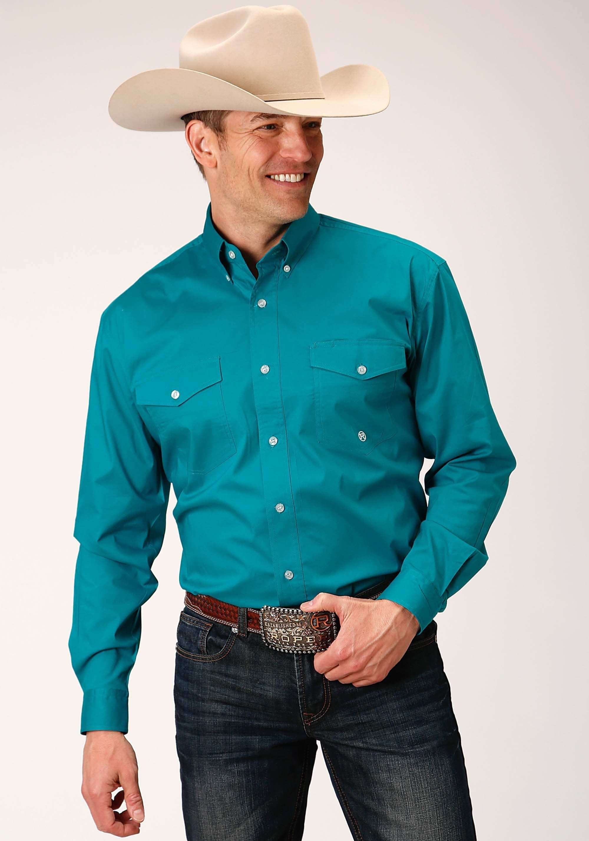 Roper Mens Long Sleeve Button Solid Poplin Stretch Turquoise Western ...