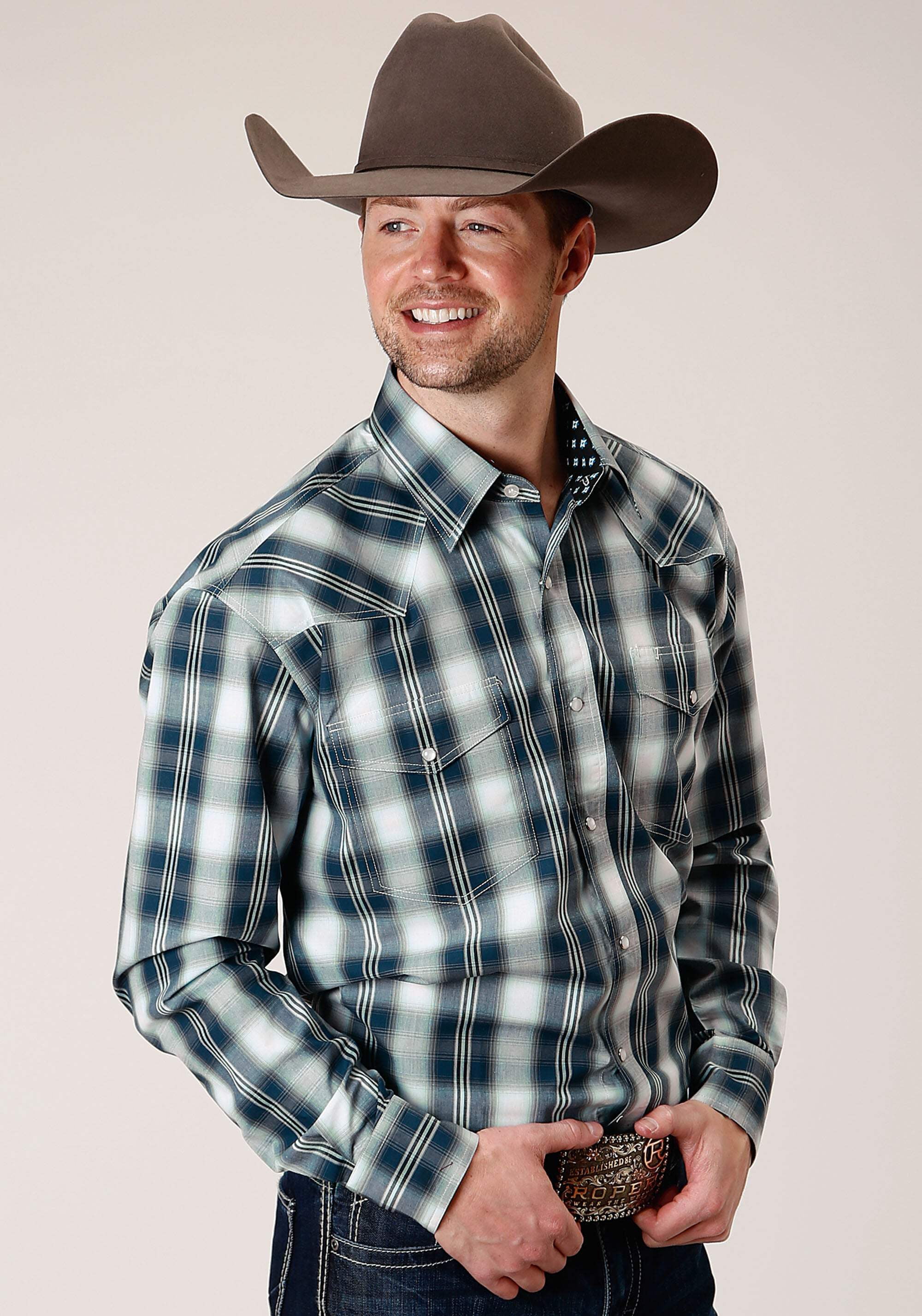 Roper Mens Long Sleeve Snap Blue West Plaid Western Shirt Tall Fit ...